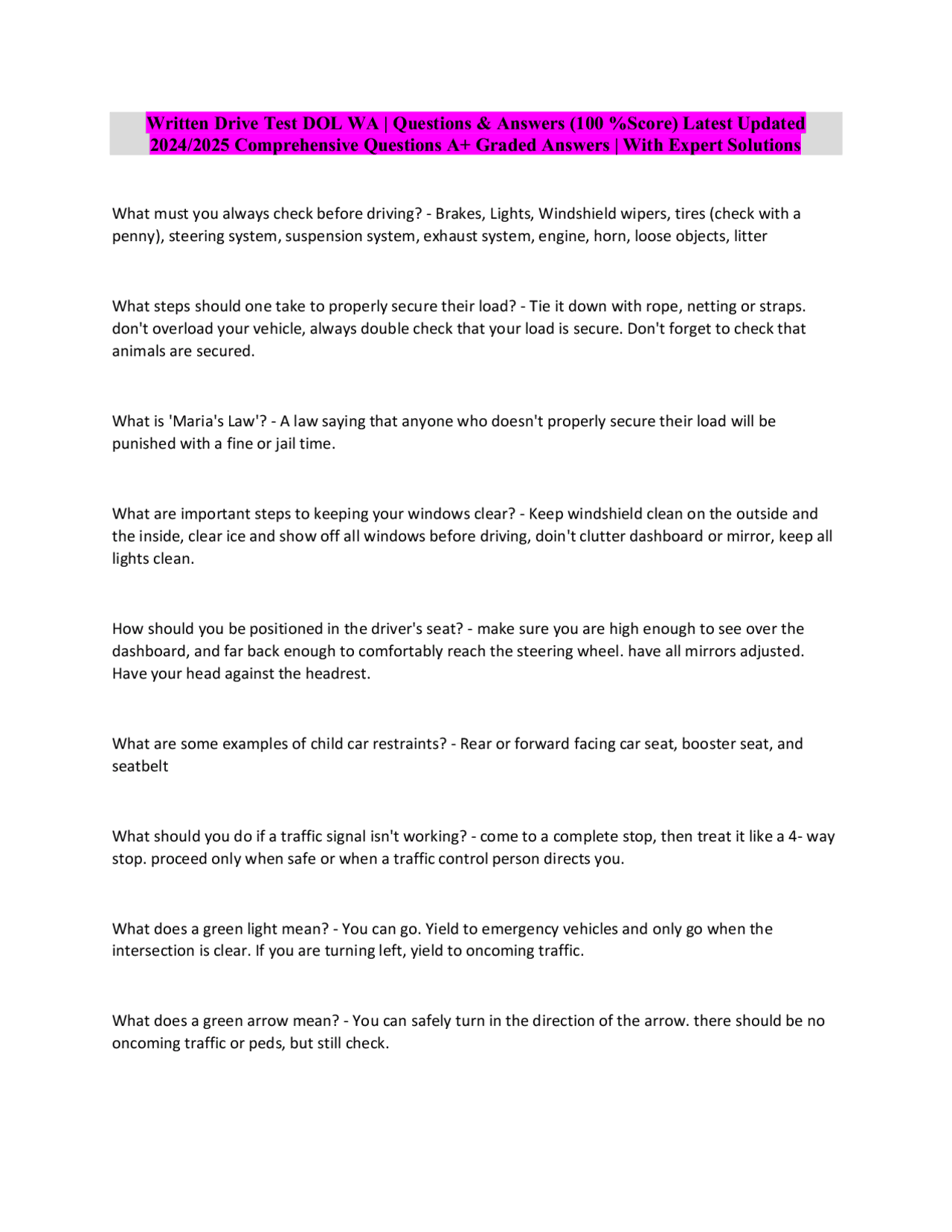 Washington State DOL Written Driving Test: Comprehensive Q&A Guide 2024 ...