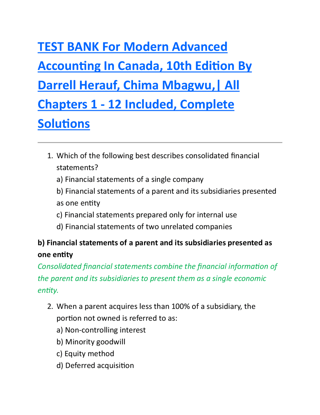 TEST BANK For Modern Advanced Accounting In Canada, 10th Edition By ...