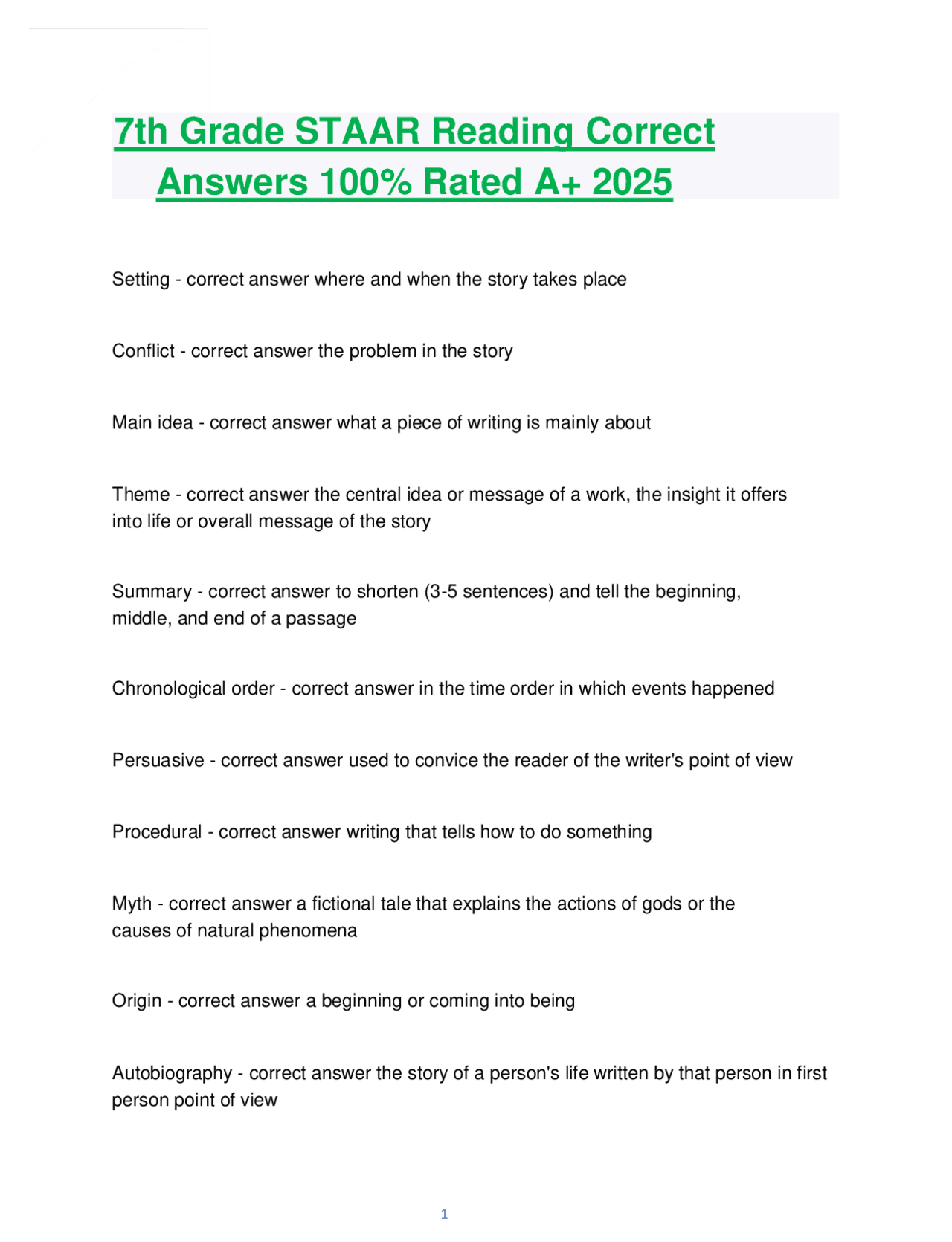 7th Grade STAAR Reading Correct Answers 100% Rated A+ 2025.pdf | Exams ...