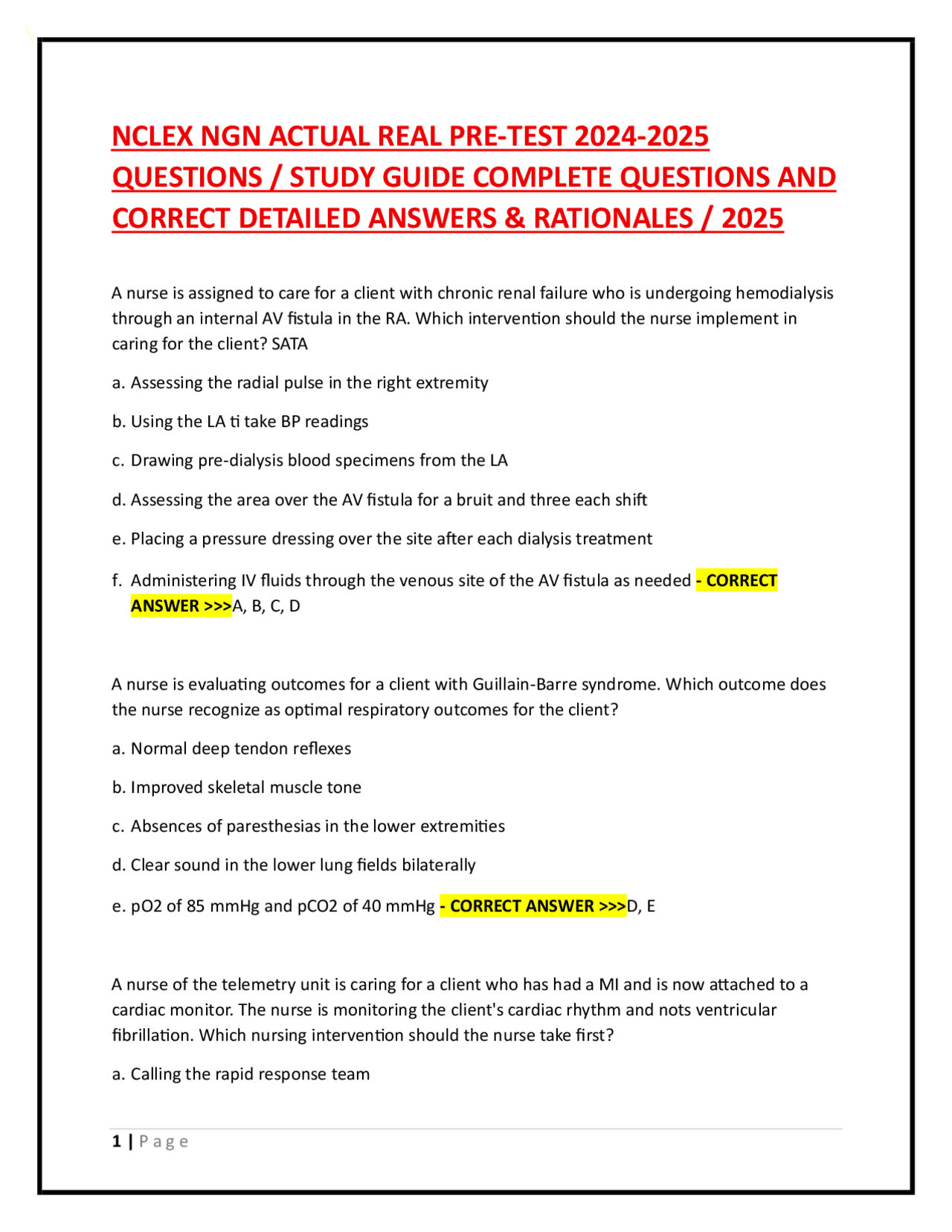 NCLEX NGN ACTUAL REAL PRE-TEST 2024-2025 QUESTIONS / STUDY GUIDE ...