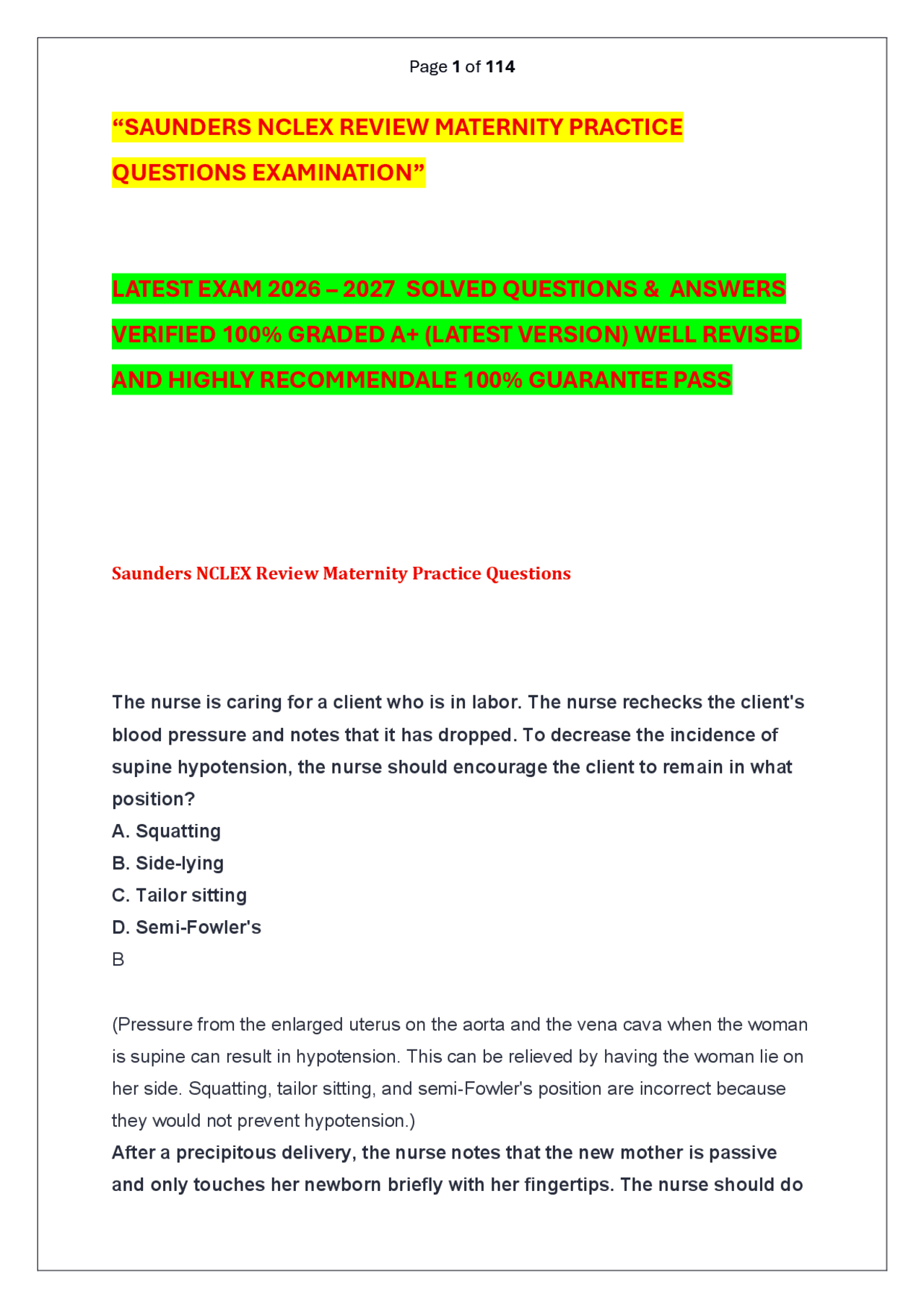 “SAUNDERS NCLEX REVIEW MATERNITY PRACTICE QUESTIONS EXAMINATION” LATEST ...