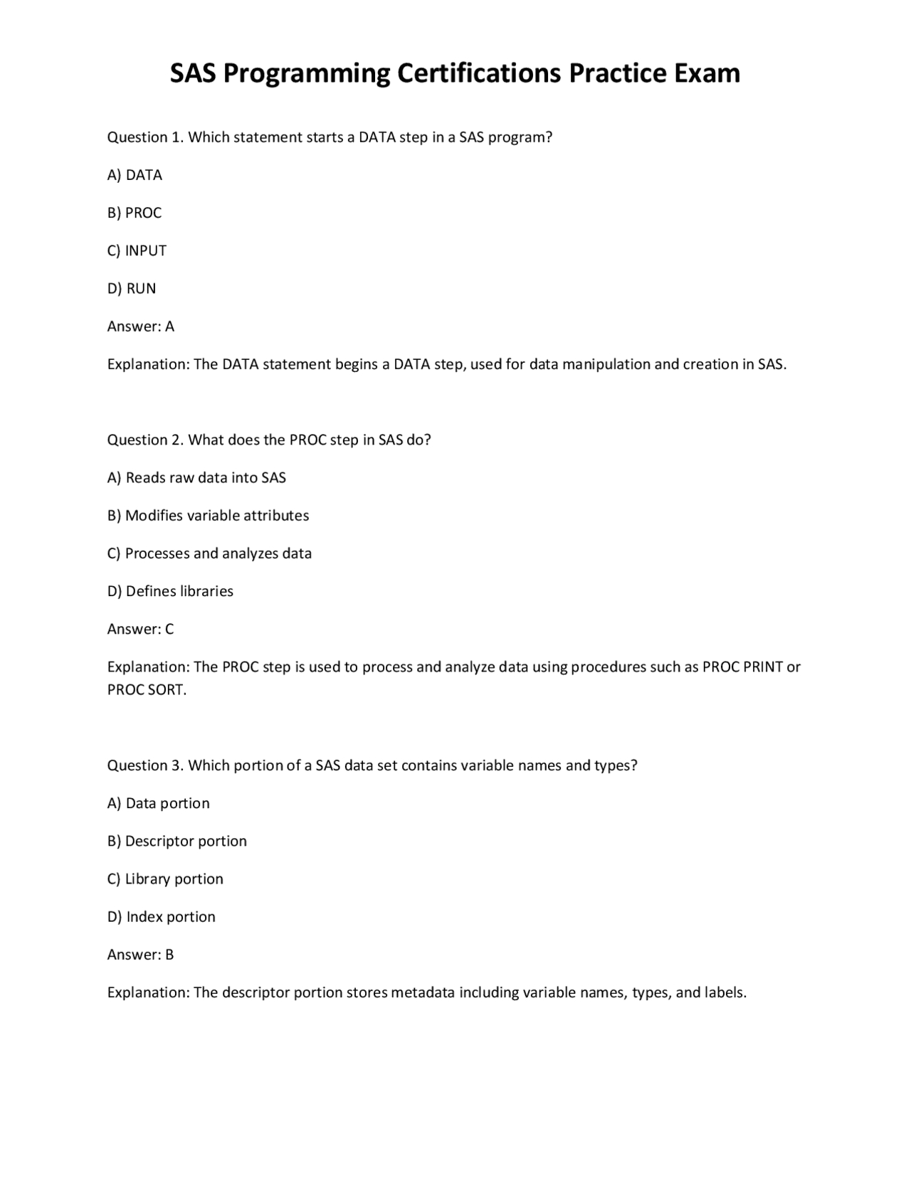 SAS Programming Certifications Practice Exam | Exams Technology | Docsity