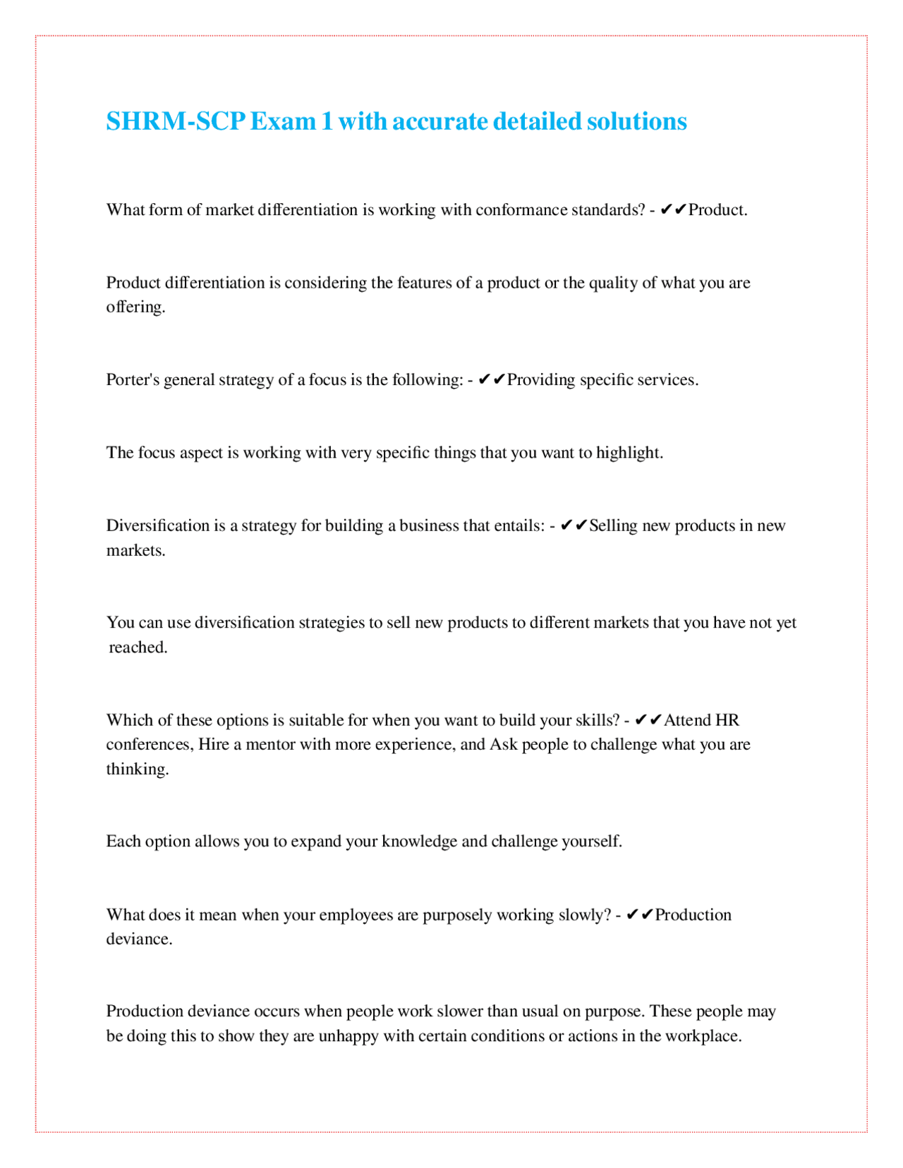 SHRM-SCP Exam 1 with accurate detailed solutions | Exams Nursing | Docsity