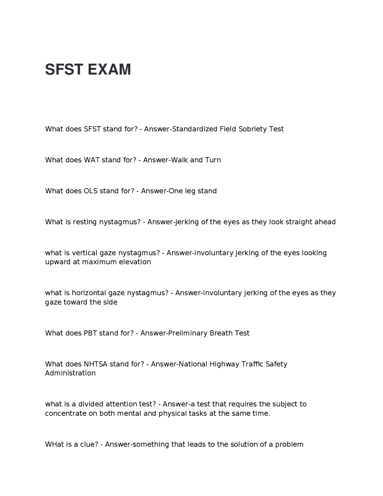 SFST Exam Questions and Answers: A Study Guide | Exams Nursing | Docsity