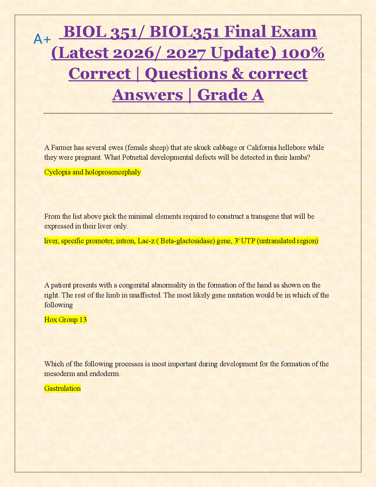 BIOL 351/ BIOL351 Final Exam (Latest 2026/ 2027 Update) 100% Correct ...