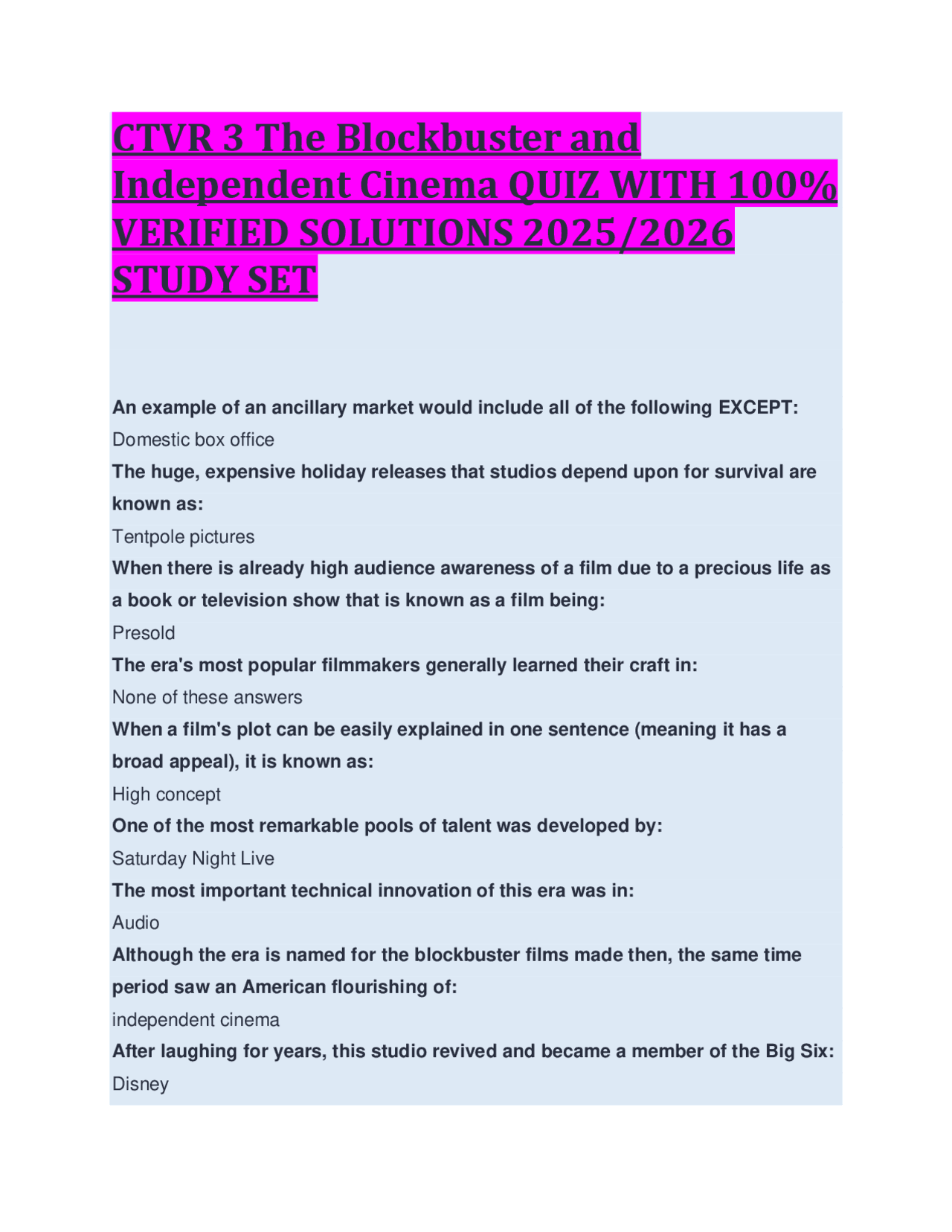 CTVR 3 The Blockbuster and Independent Cinema QUIZ WITH 100% VERIFIED ...