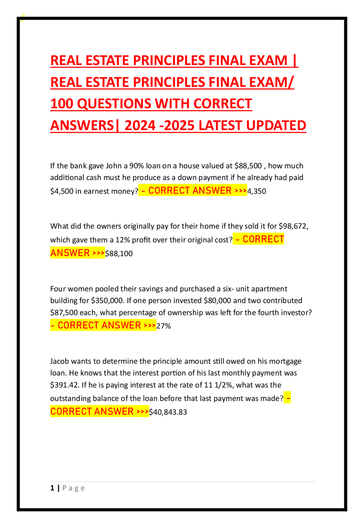 REAL ESTATE PRINCIPLES FINAL EXAM | REAL ESTATE PRINCIPLES FINAL EXAM ...