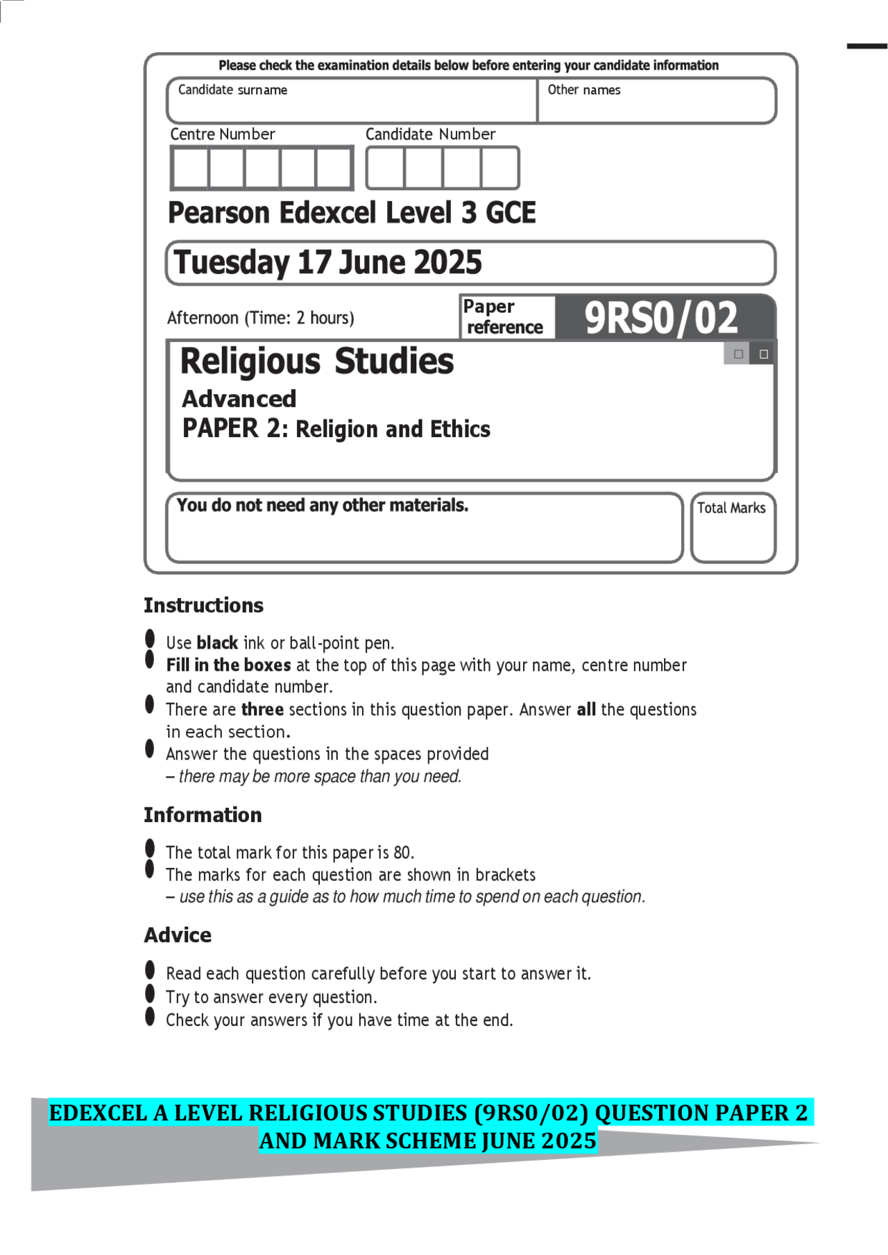 EDEXCEL A LEVEL RELIGIOUS STUDIES (9RS0/02) QUESTION PAPER 2 AND MARK ...
