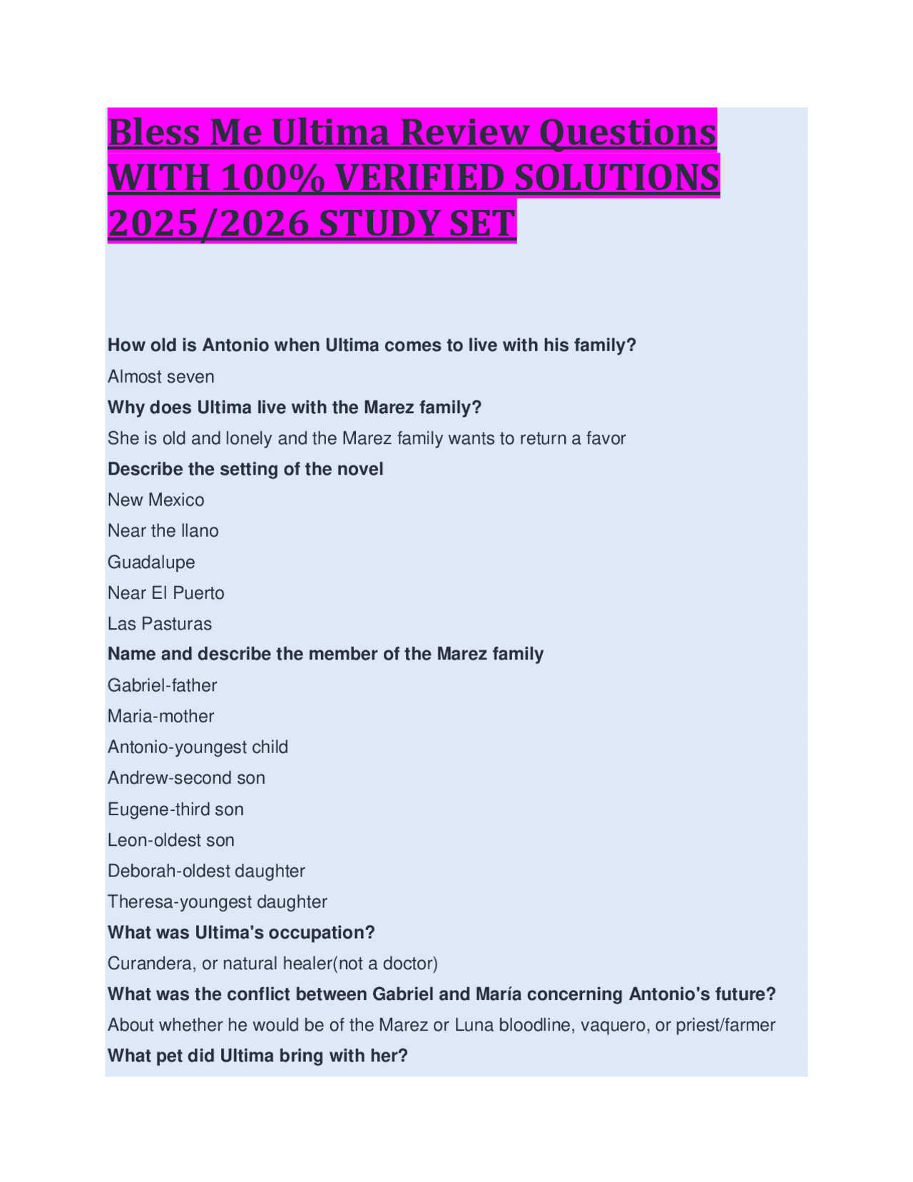 Bless Me Ultima Review Questions WITH 100% VERIFIED SOLUTIONS 2025/2026 ...