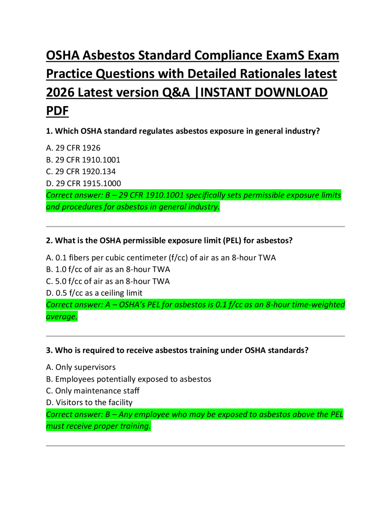 OSHA Asbestos Standard Compliance Exam Practice Questions with Detailed ...
