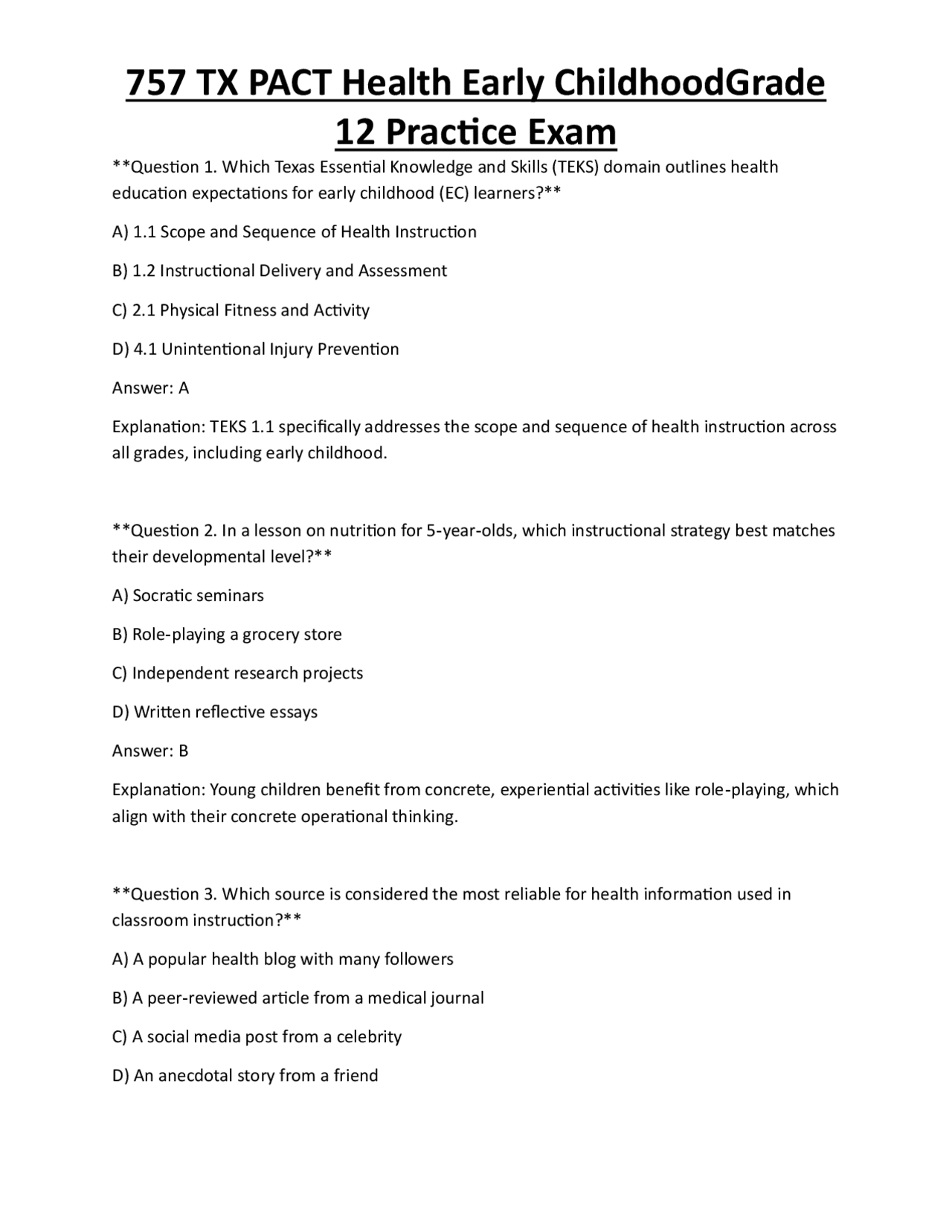 757 TX PACT Health Early ChildhoodGrade 12 Practice Exam | Exams ...