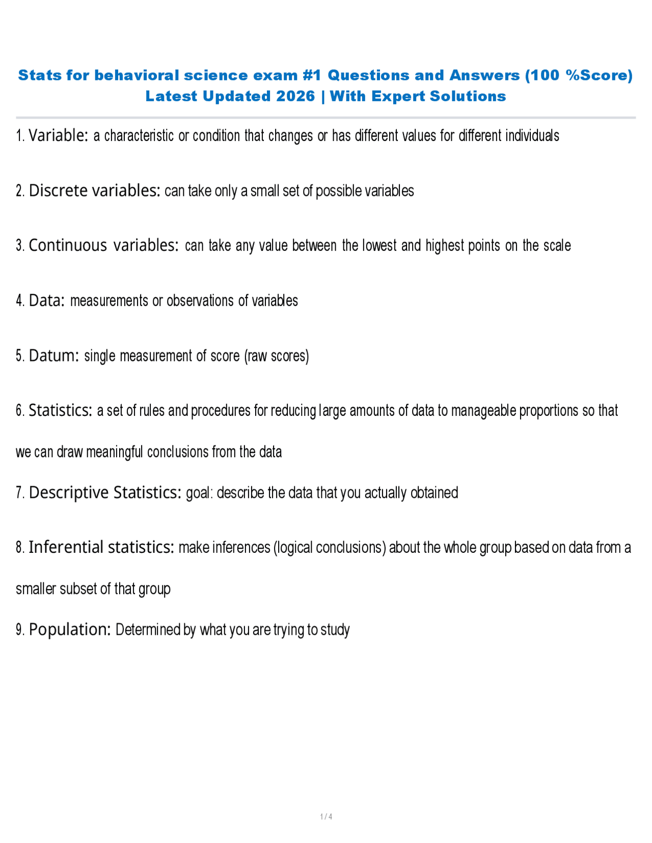 Stats for behavioral science exam #1 Questions and Answers (100 %Score ...