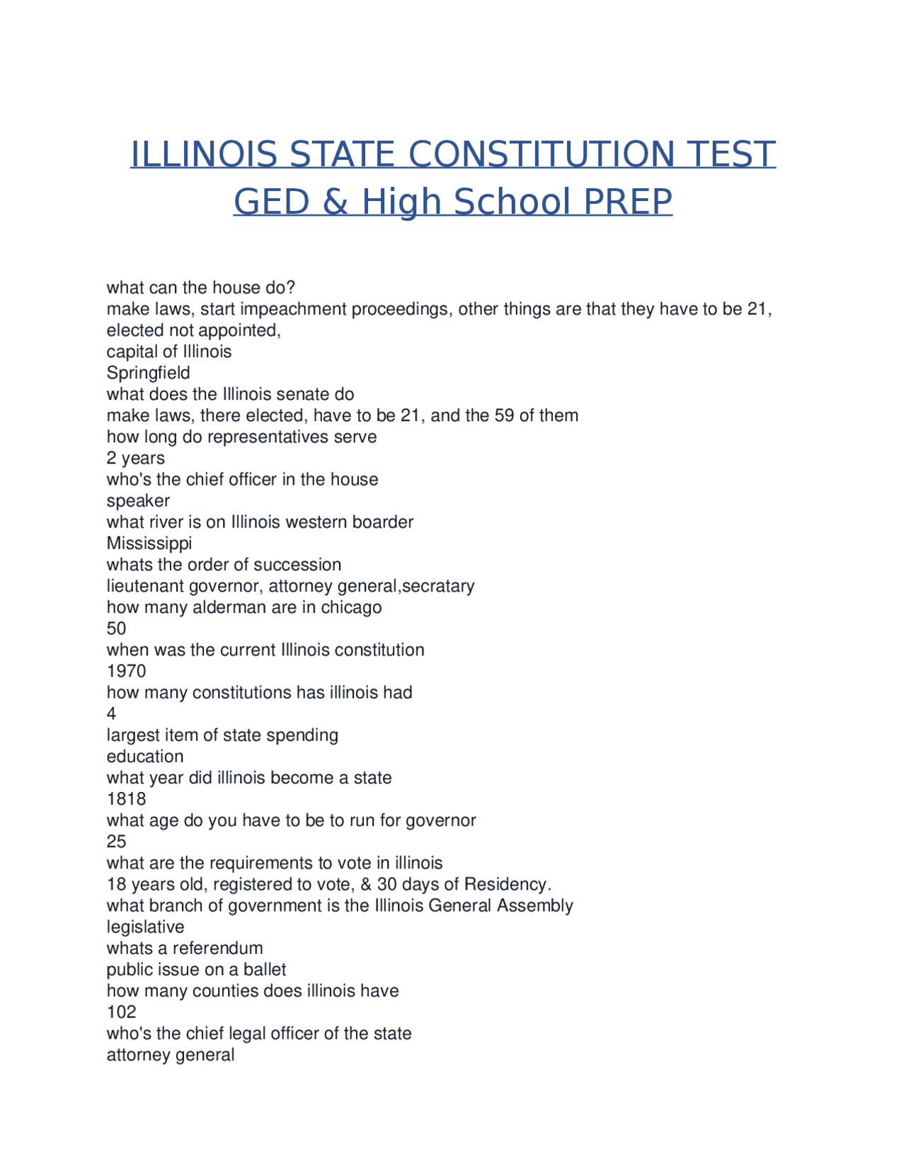 ILLINOIS STATE CONSTITUTION TEST GED & High School PREP | Exams ...