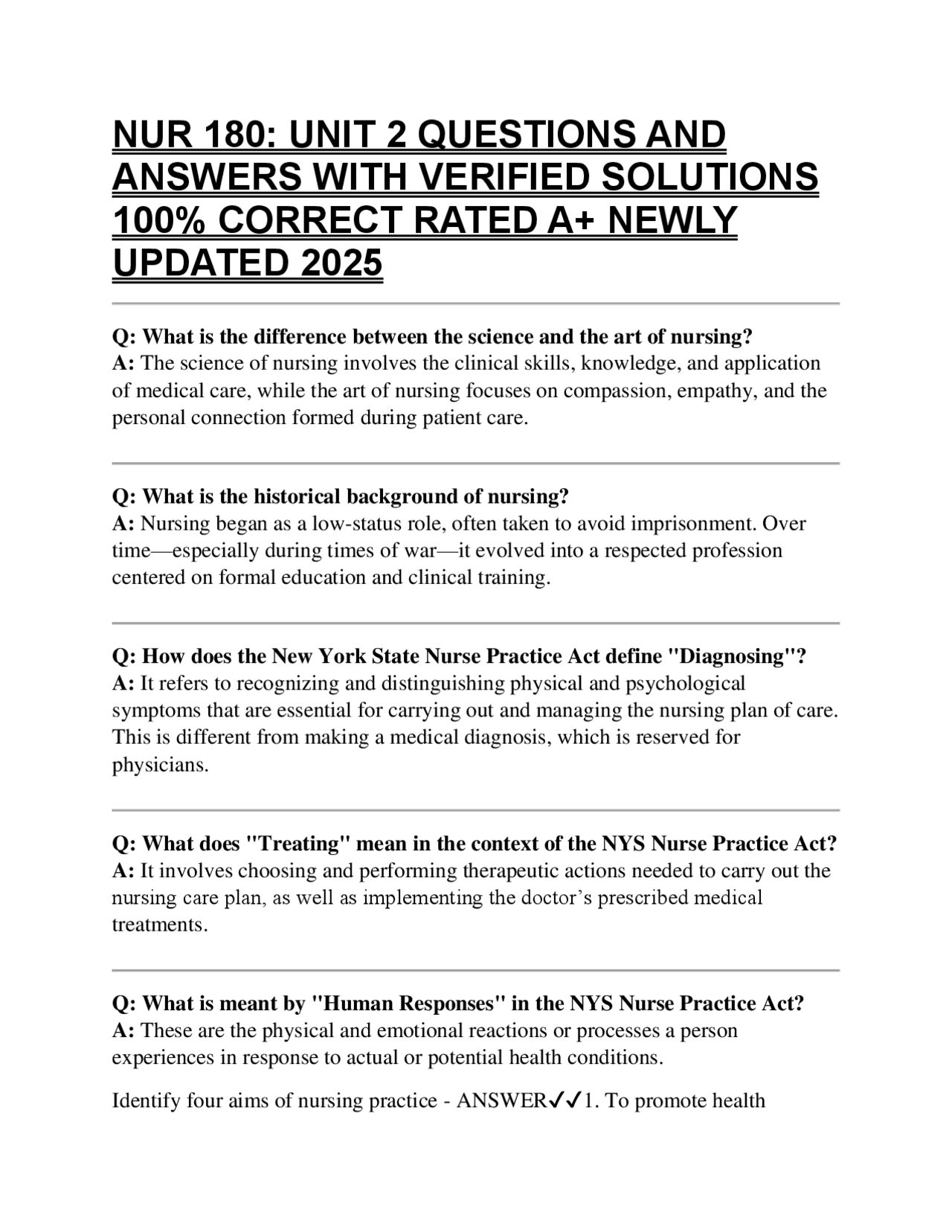 NUR 180: UNIT 2 QUESTIONS AND ANSWERS WITH VERIFIED SOLUTIONS 100% ...