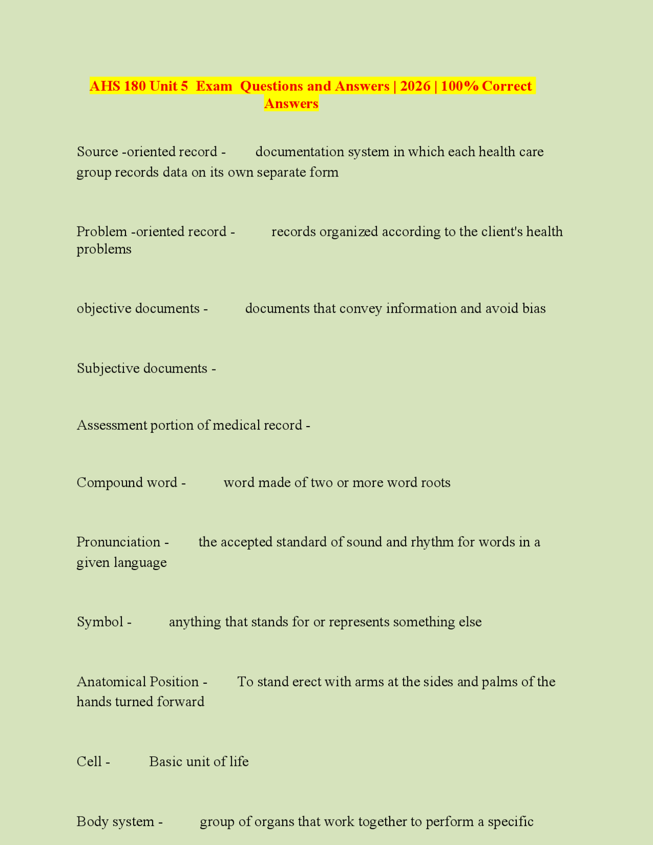 AHS 180 Unit 5 Exam Questions and Answers | 2026 | 100% Correct Answers ...