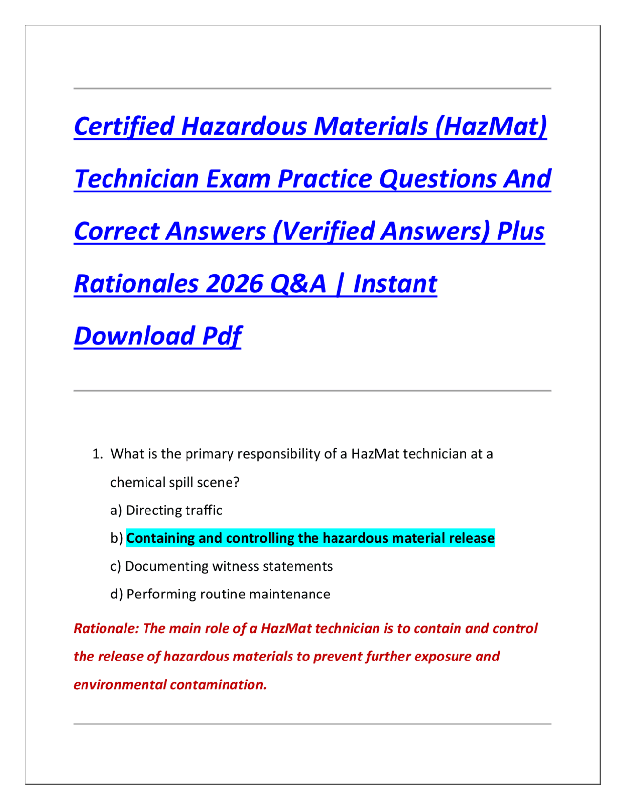 Certified Hazardous Materials (HazMat) Technician Exam Practice ...