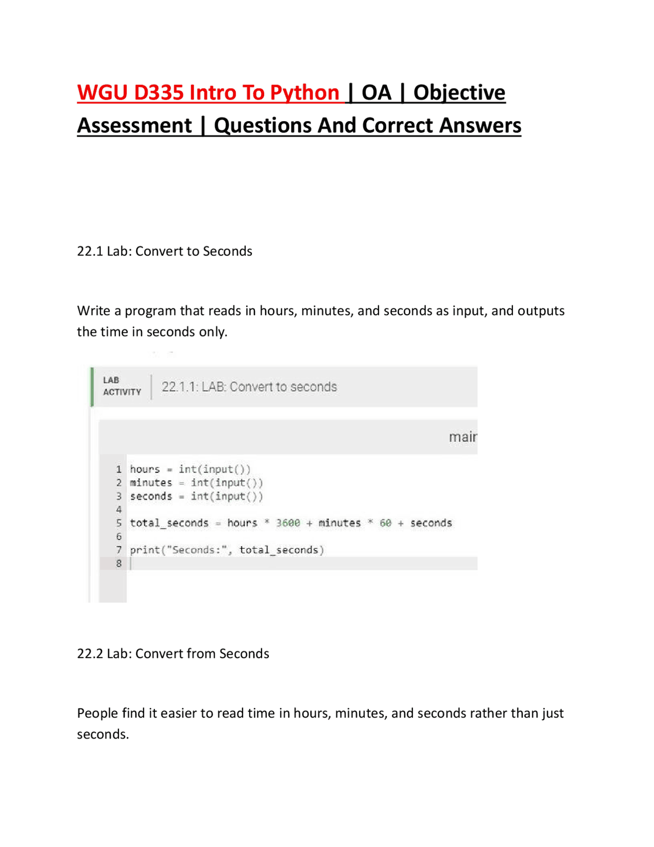 WGU D335 Intro To Python | OA | Objective Assessment | Questions And ...