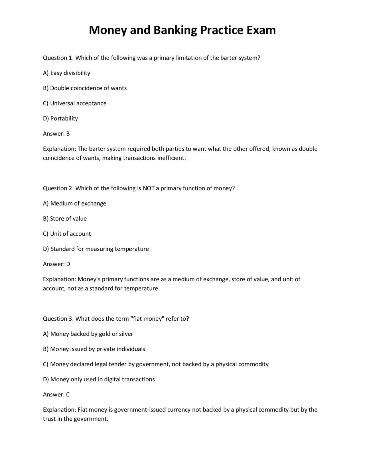 Money and Banking Practice Exam: Comprehensive Review Questions | Exams ...