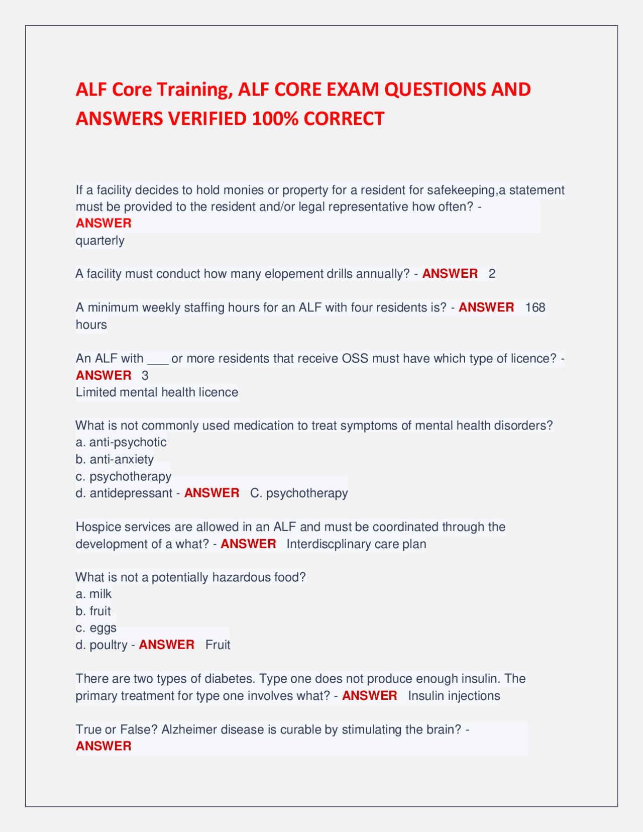 ALF Core Training, ALF CORE EXAM QUESTIONS AND ANSWERS VERIFIED 100% ...