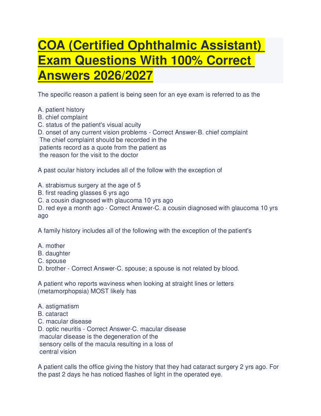 COA (Certified Ophthalmic Assistant) Exam Questions With 100% Correct ...