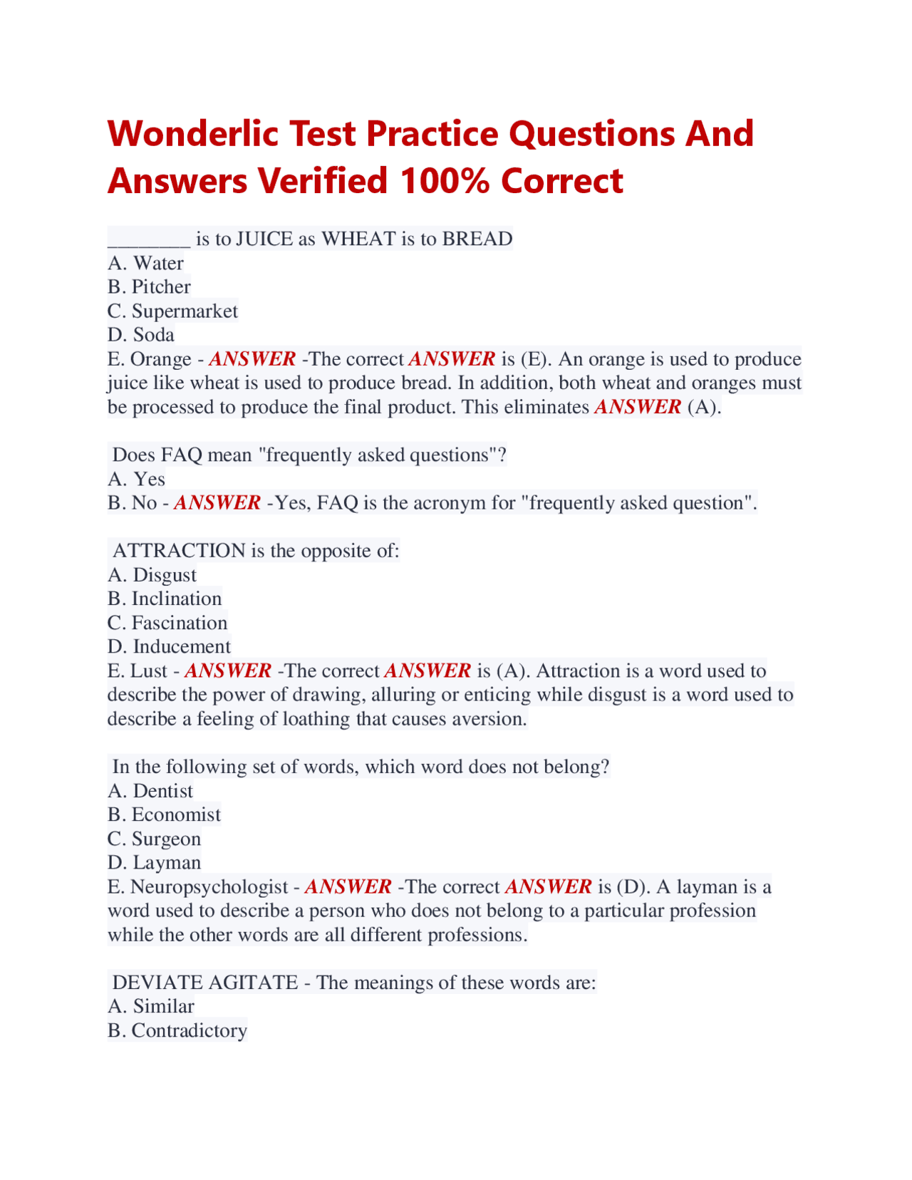 Wonderlic Test Practice Questions And Answers Verified 100% Correct ...