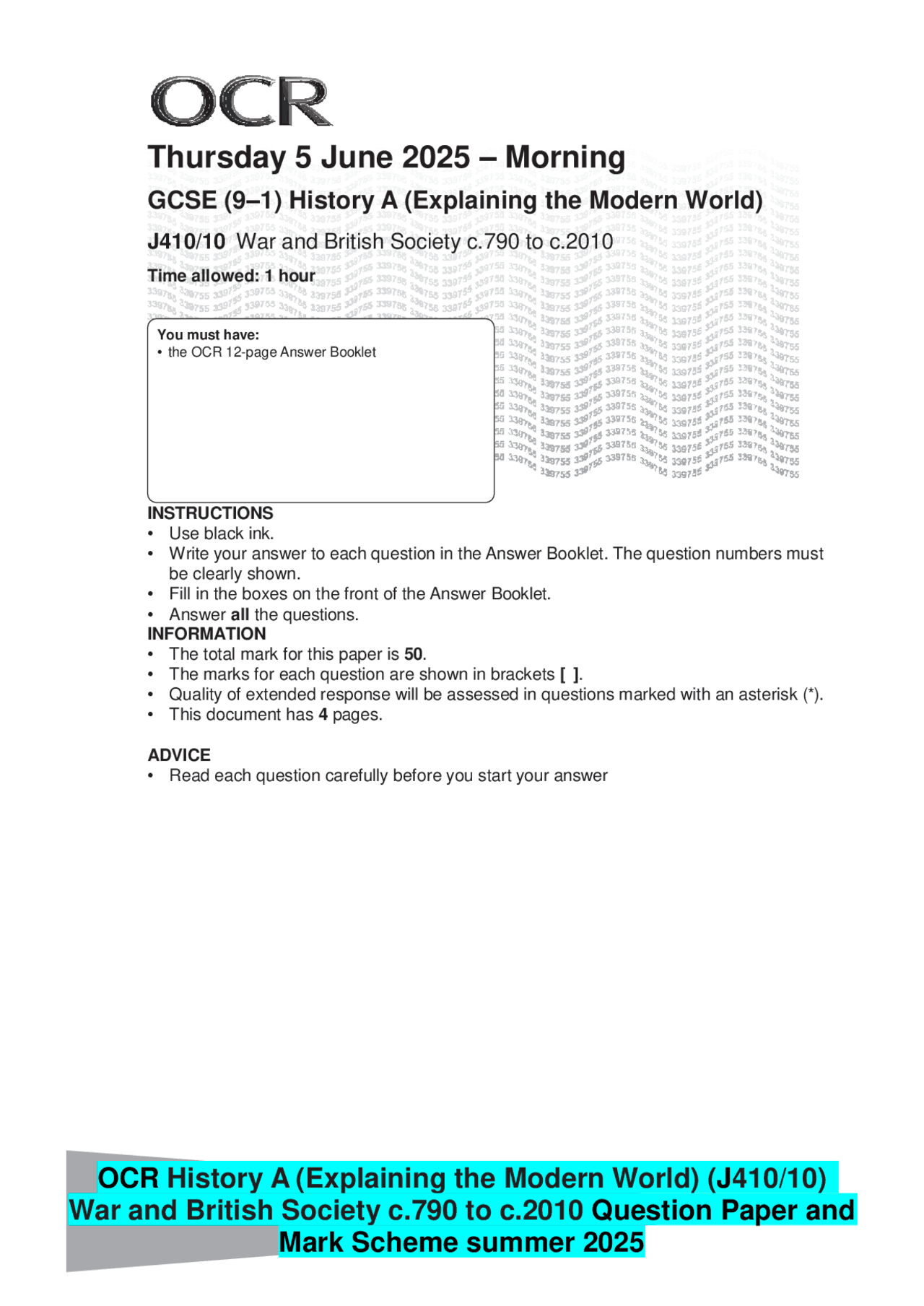 OCR History A (J410/10) War and British Society c.790 to c.2010 QP and ...