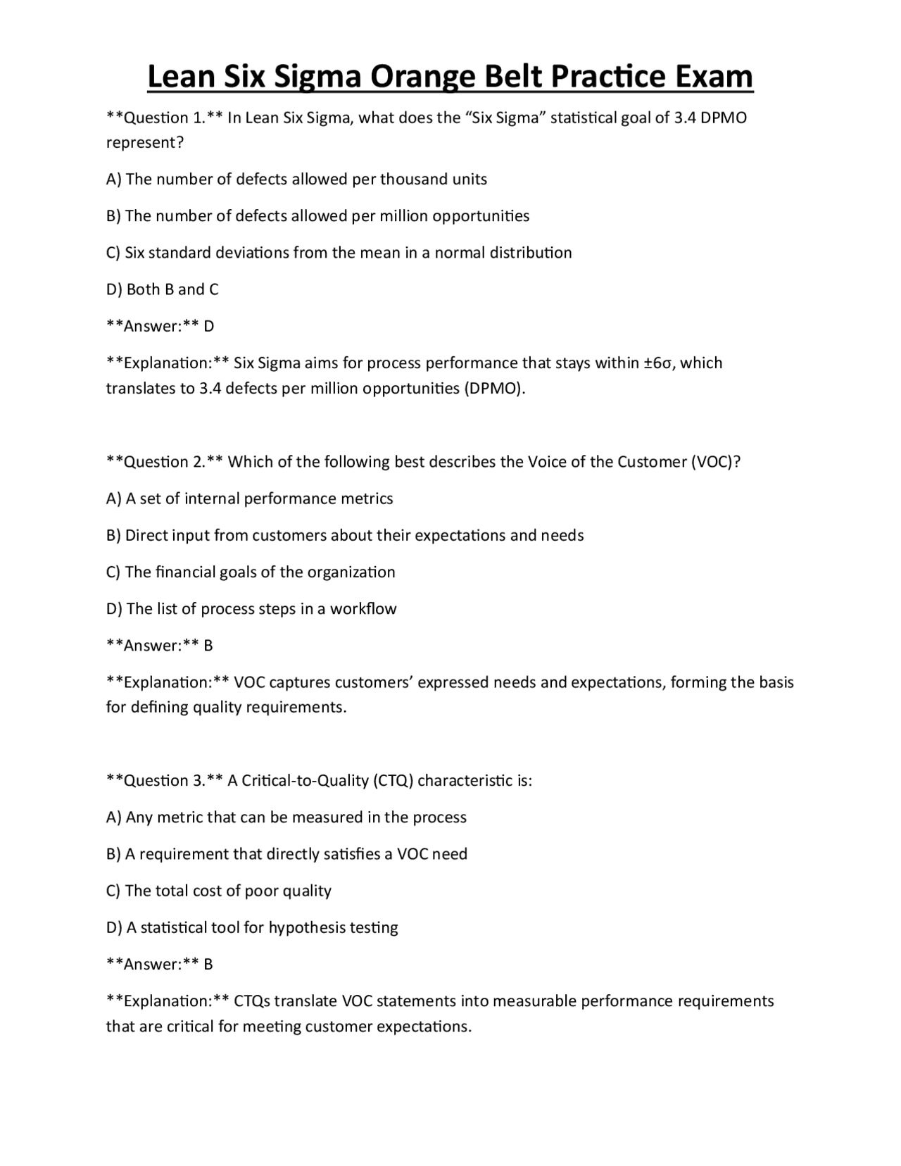Lean Six Sigma Orange Belt Practice Exam | Exams Technology | Docsity