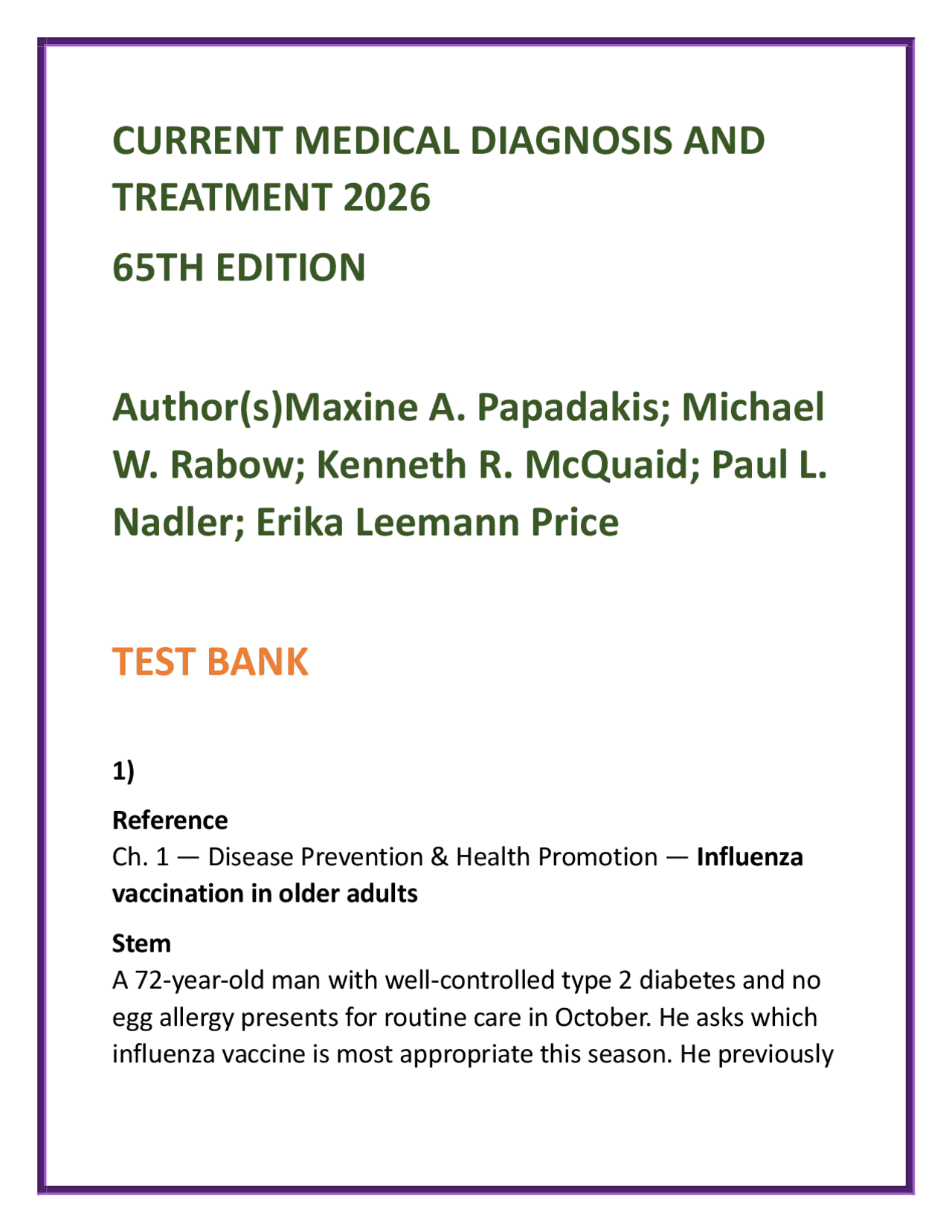 CURRENT Medical Diagnosis & Treatment 2026 Test Bank | CMDT 65th Ed MCQ ...
