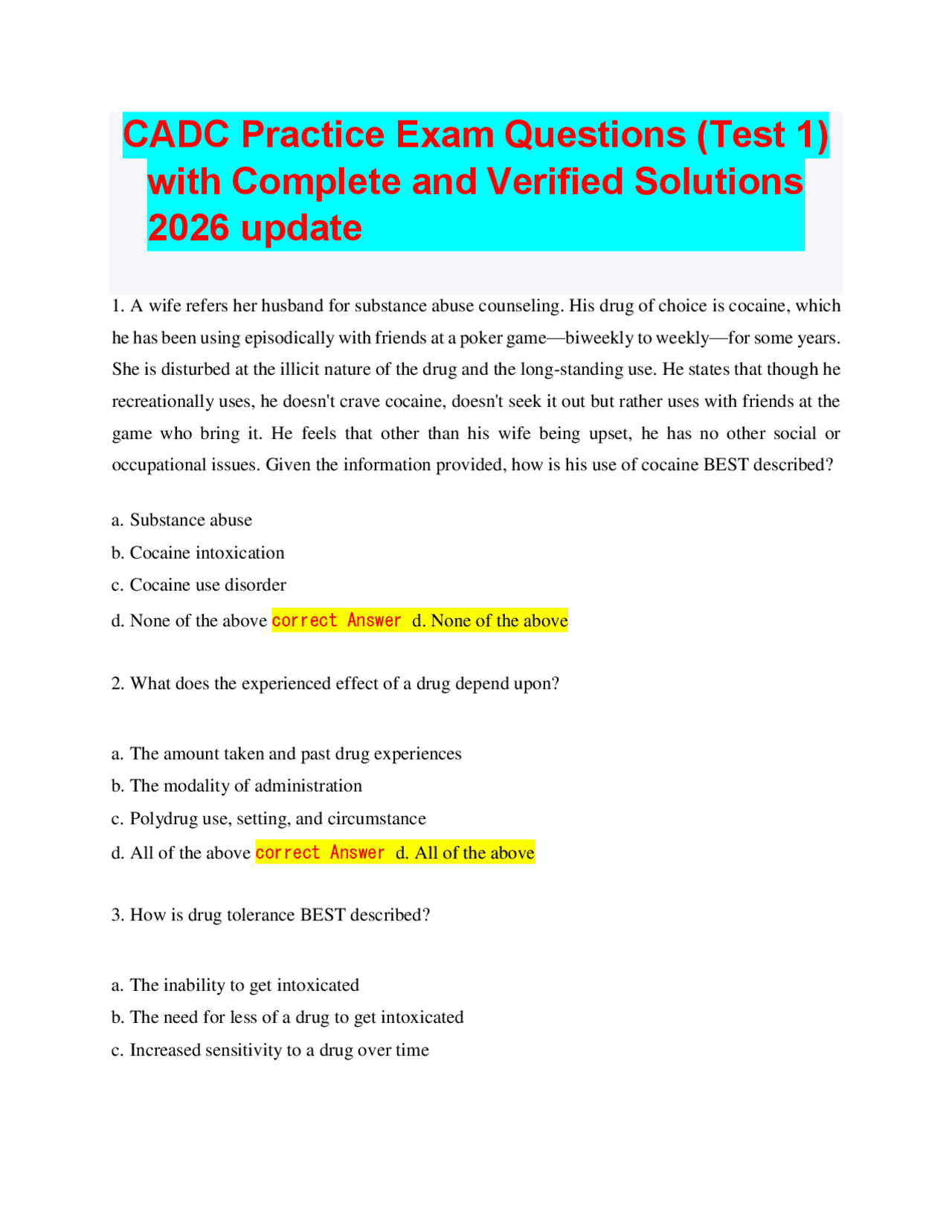 CADC Practice Exam Questions (Test 1) with Complete and Verified ...