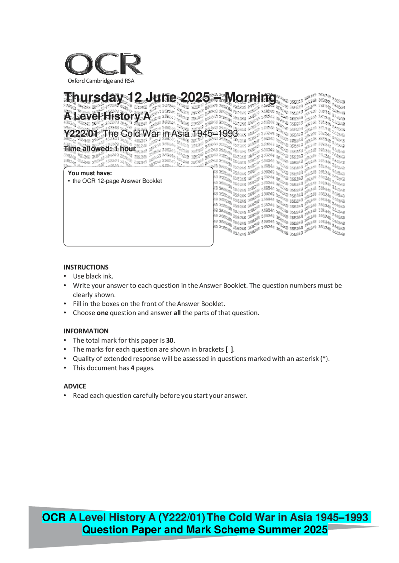 OCR A Level History A (Y222/01)The Cold War in Asia 1945–1993 QP and MS ...