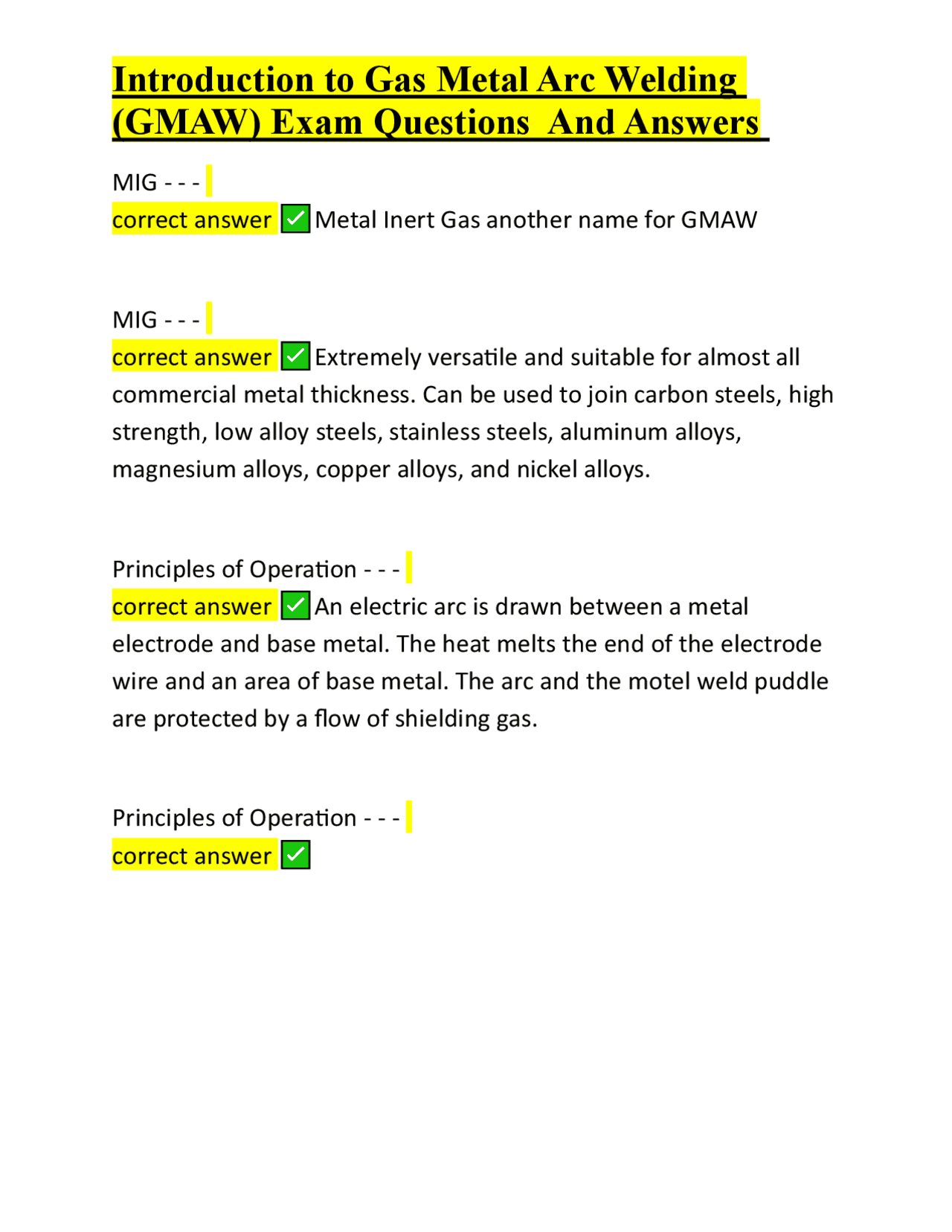 Introduction to Gas Metal Arc Welding (GMAW) Exam Questions And Answers ...