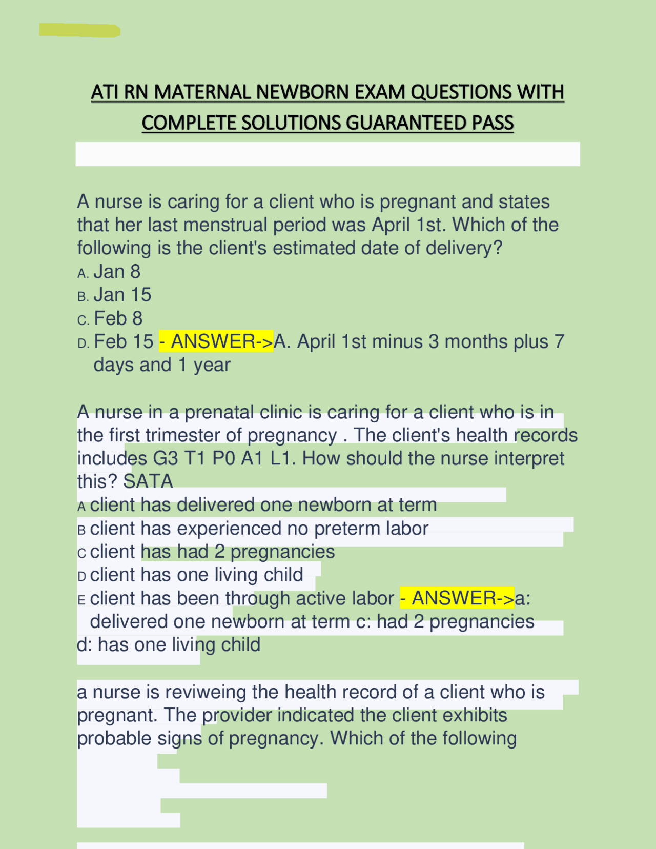 ATI RN MATERNAL NEWBORN EXAM QU ESTIONS WITH COMPLETE SOLUTIONS ...