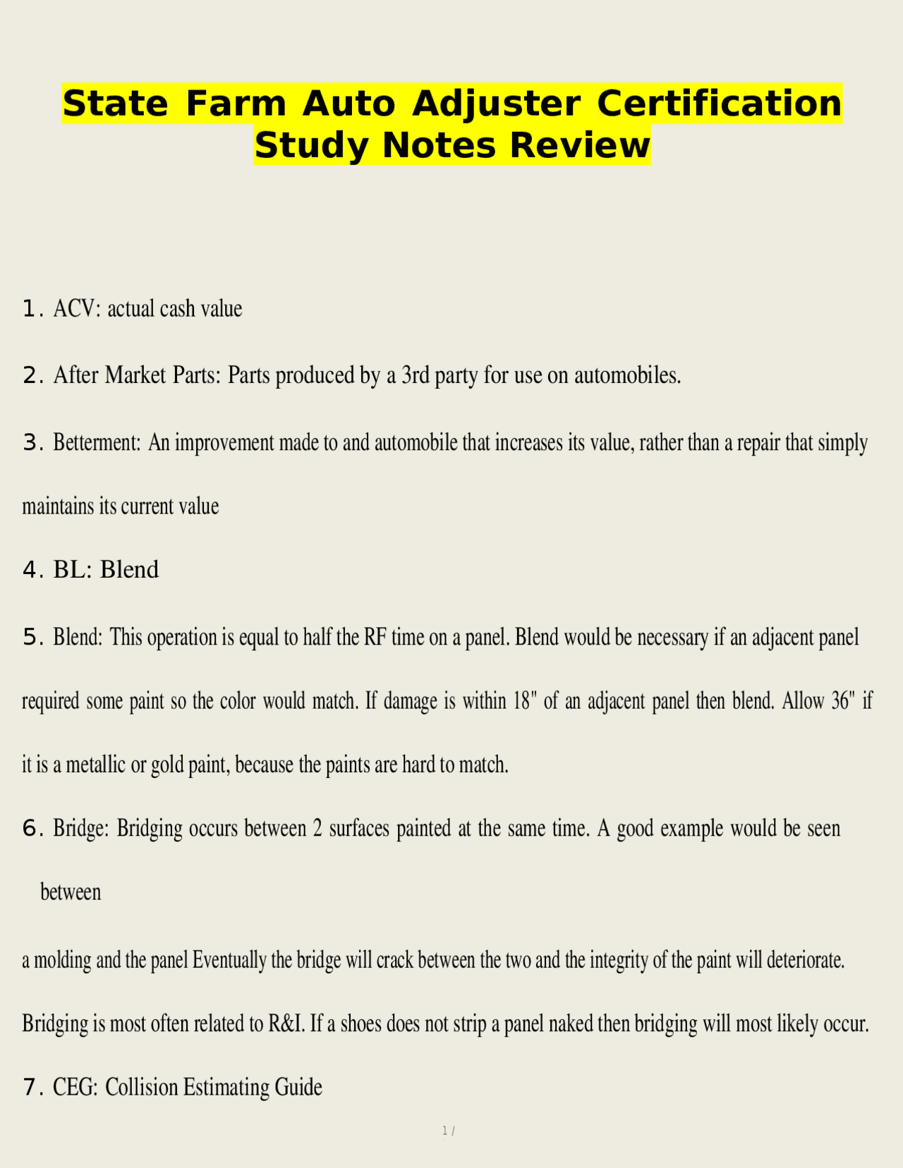 State Farm Auto Adjuster Certification Study Notes Review | Study ...