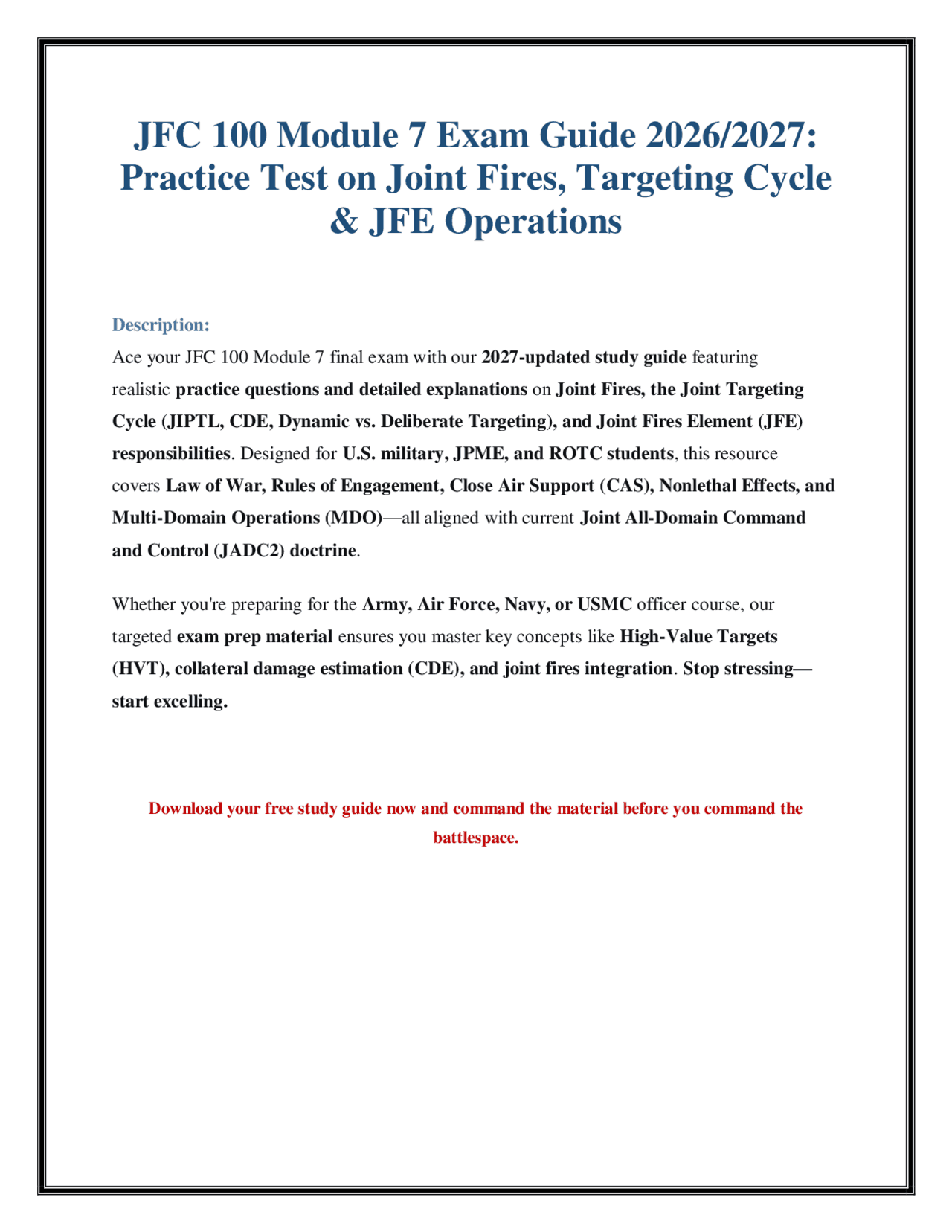JFC 100 Module 7 Final Exam 2027: Joint Fires & Targeting Practice ...