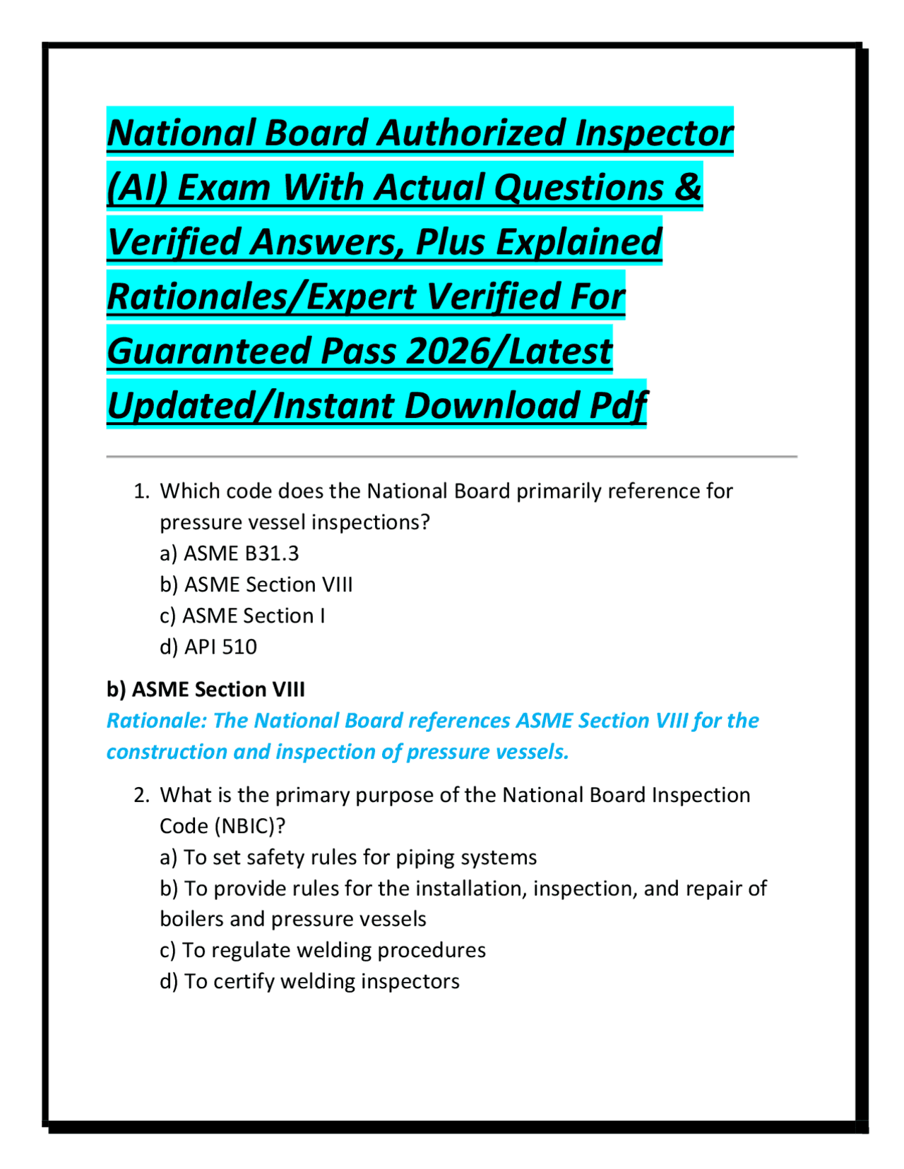 National Board Authorized Inspector (AI) Exam With Actual Questions ...