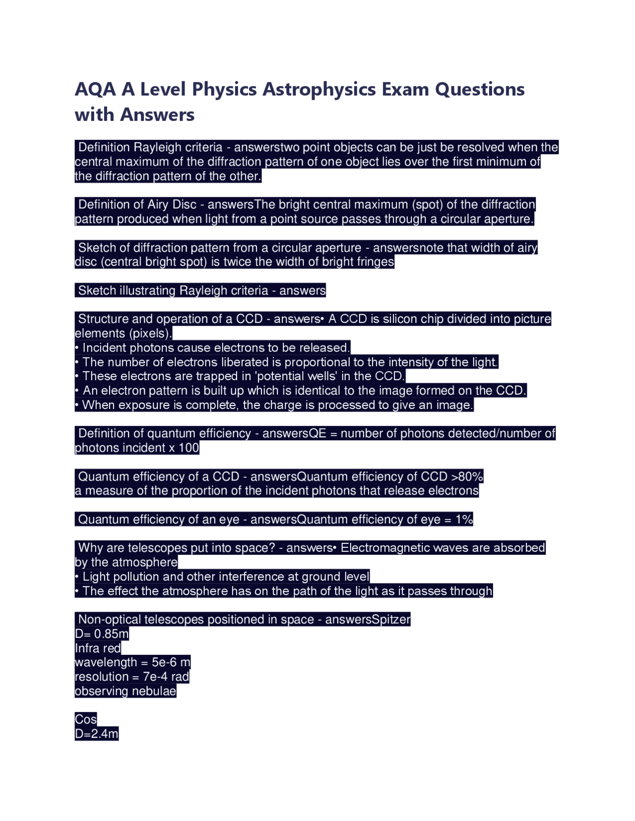 AQA A Level Physics Astrophysics Exam Questions with Answers | Exams ...