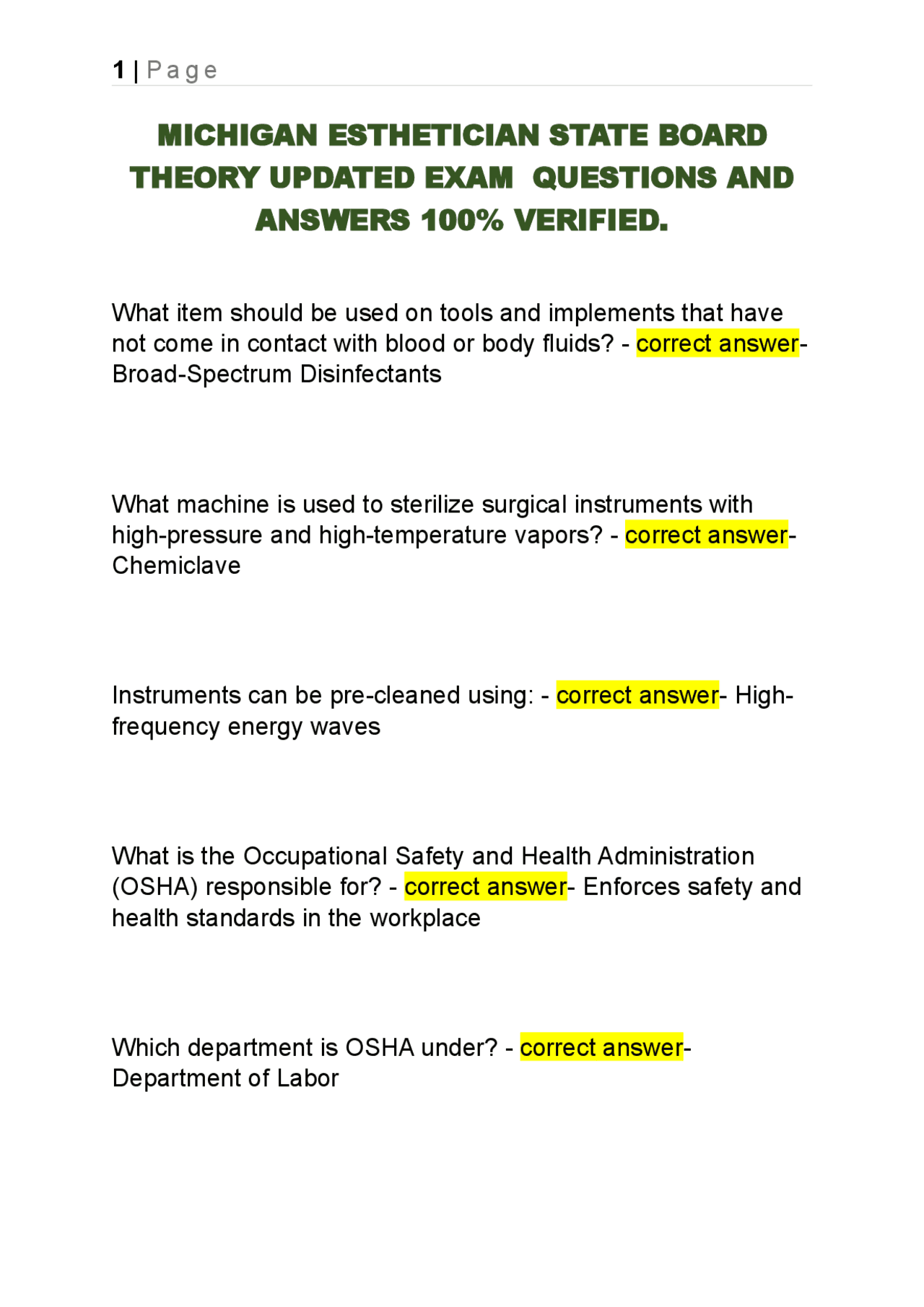 Michigan Esthetician State Board Theory Exam: Q&A Study Guide | Exams ...