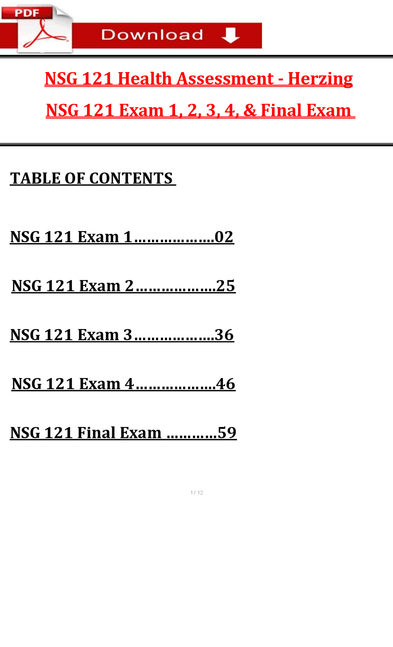 NSG 121 Health Assessment - Herzing NSG 121 Exam 1, 2, 3, 4, & Final ...