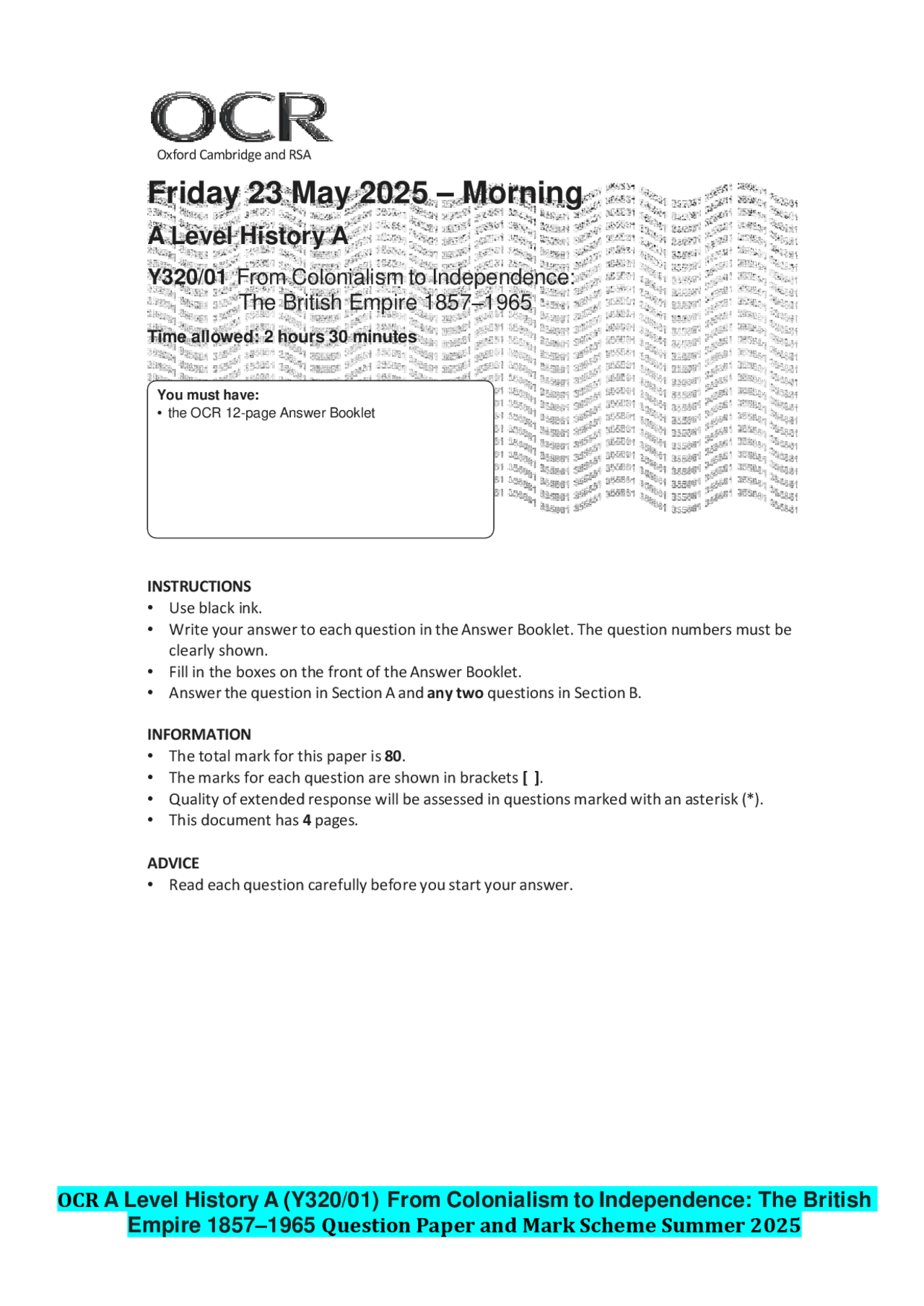 OCR A Level History A (Y320/01) Question Paper and Mark Scheme Summer ...