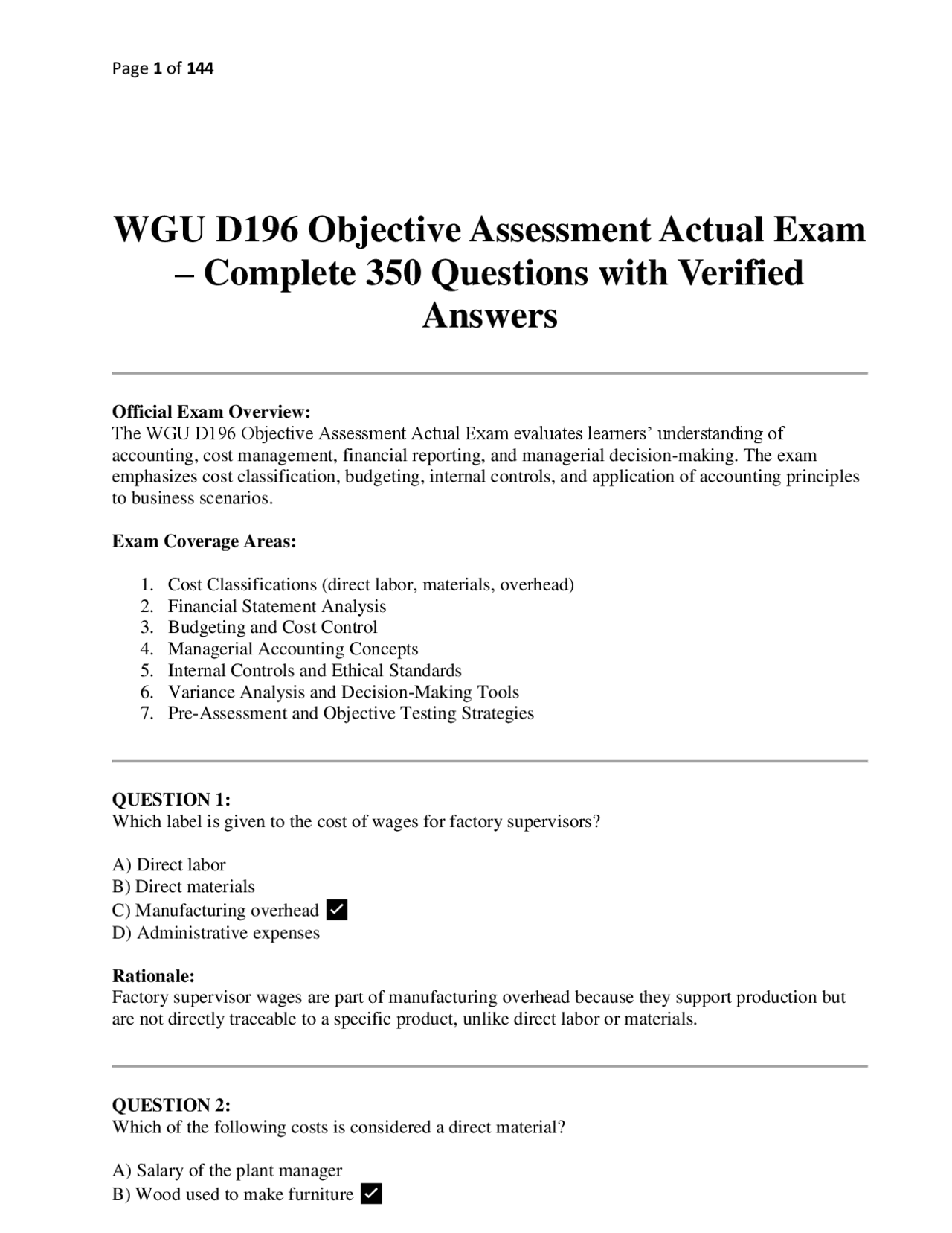 WGU D196 Objective Assessment Actual Exam – Complete 350 Questions with ...