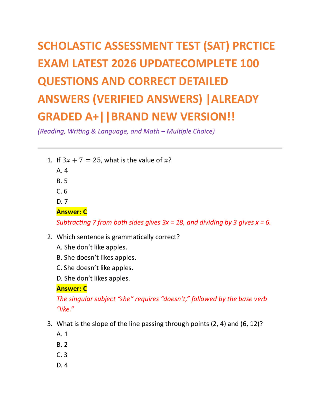 SCHOLASTIC ASSESSMENT TEST (SAT) PRCTICE EXAM LATEST 2026 ...