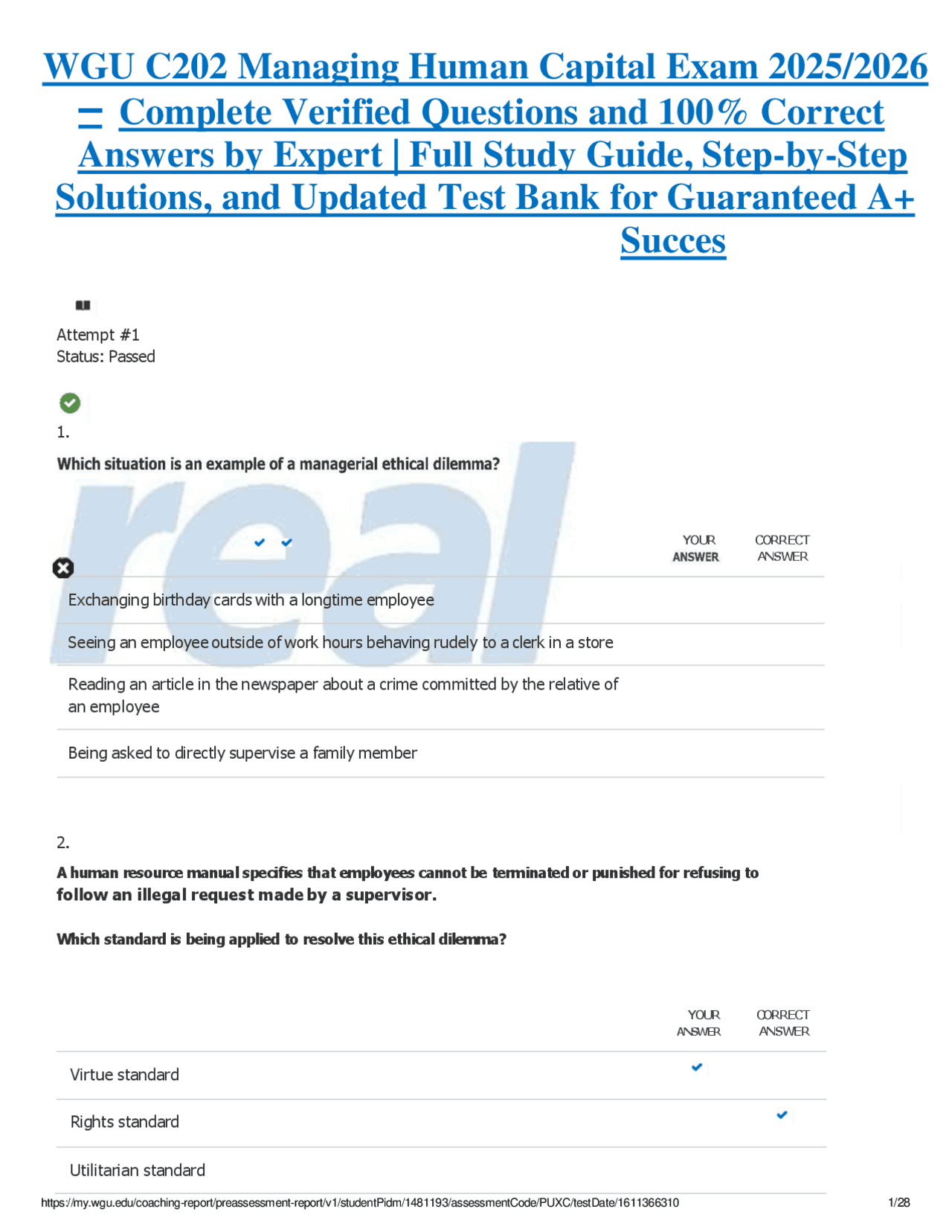 WGU C202 Managing Human Capital Exam | Exams Nursing | Docsity