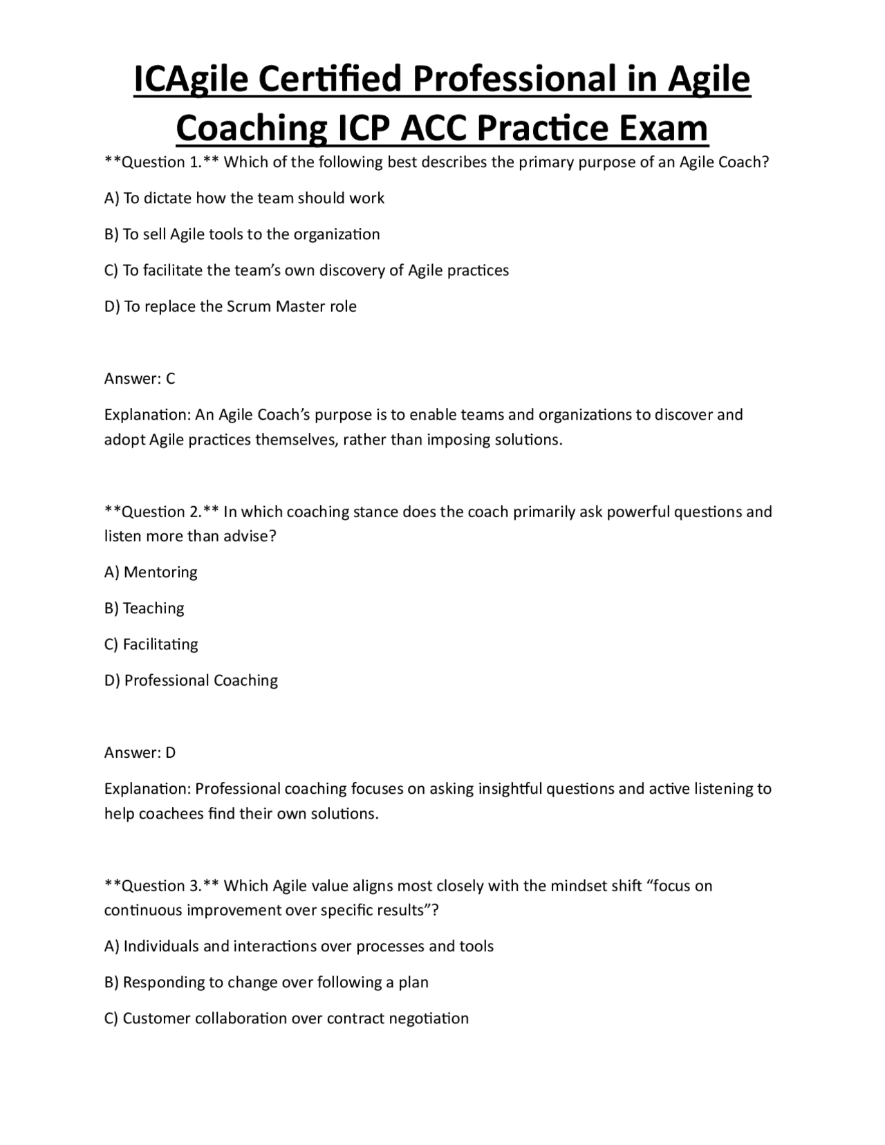 ICAgile Certified Professional in Agile Coaching ICP ACC Practice Exam ...