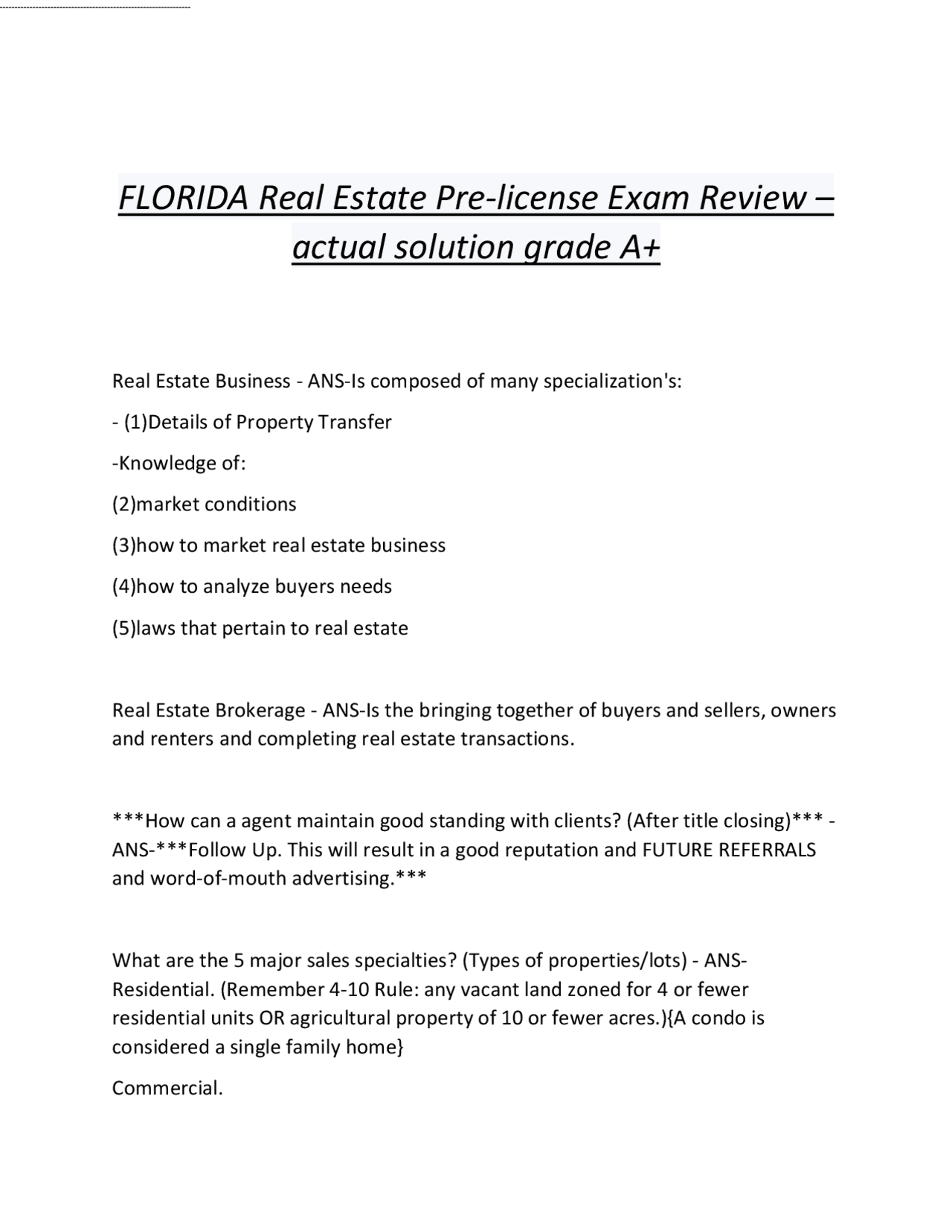 FLORIDA Real Estate Pre-license Exam Review – actual solution grade A+ ...