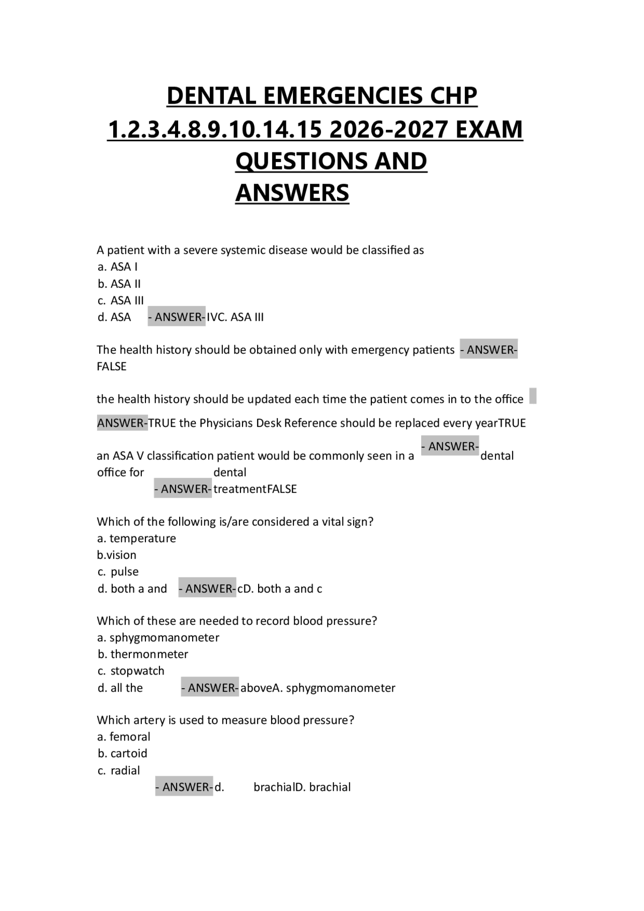 DENTAL EMERGENCIES CHP 1.2.3.4.8.9.10.14.15 2026-2027 EXAM QUESTIONS ...
