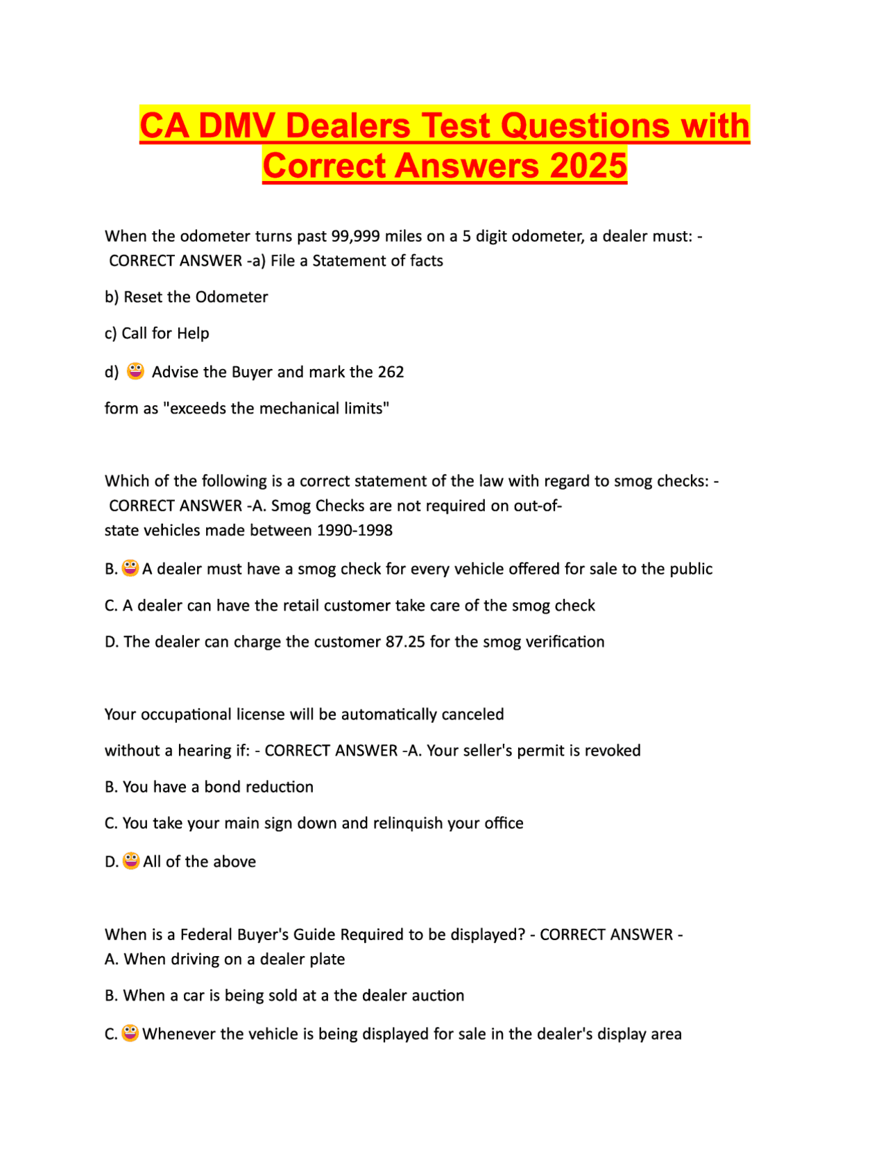 California DMV Dealers Test Questions – Vehicle Sales & Licensing Study ...