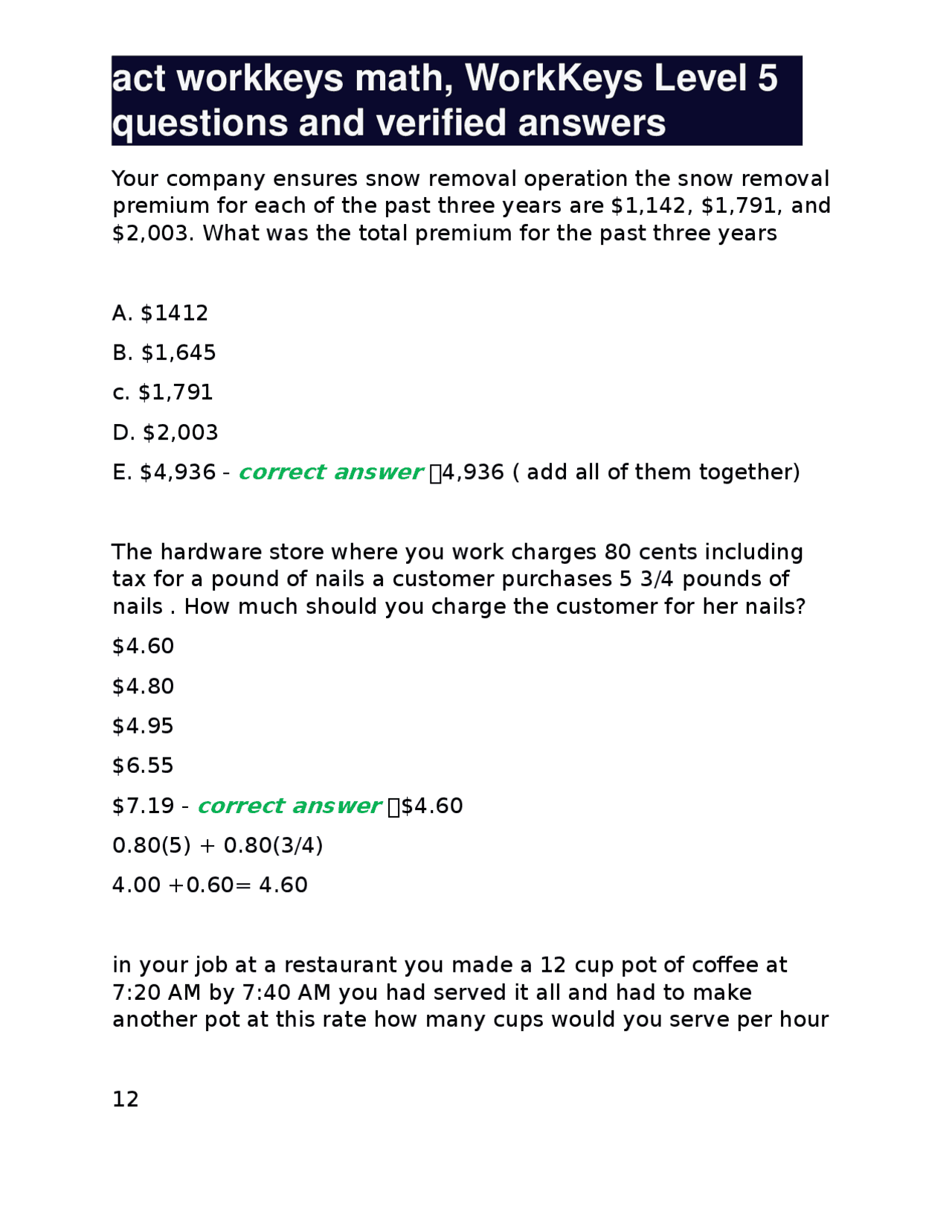 ACT WorkKeys Math Level 5 Practice Questions and Answers | Exams ...