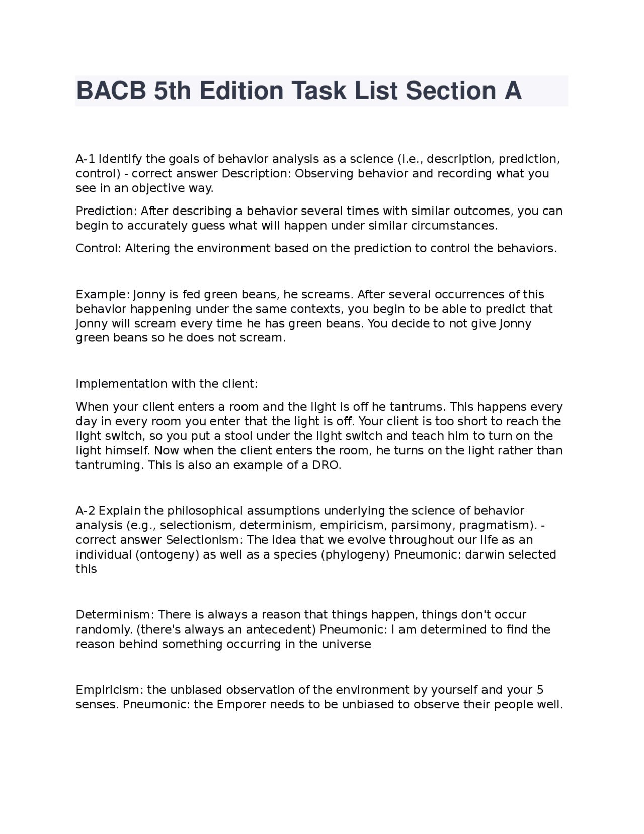 BACB 5th Edition Task List Section A | Exams Advanced Education | Docsity