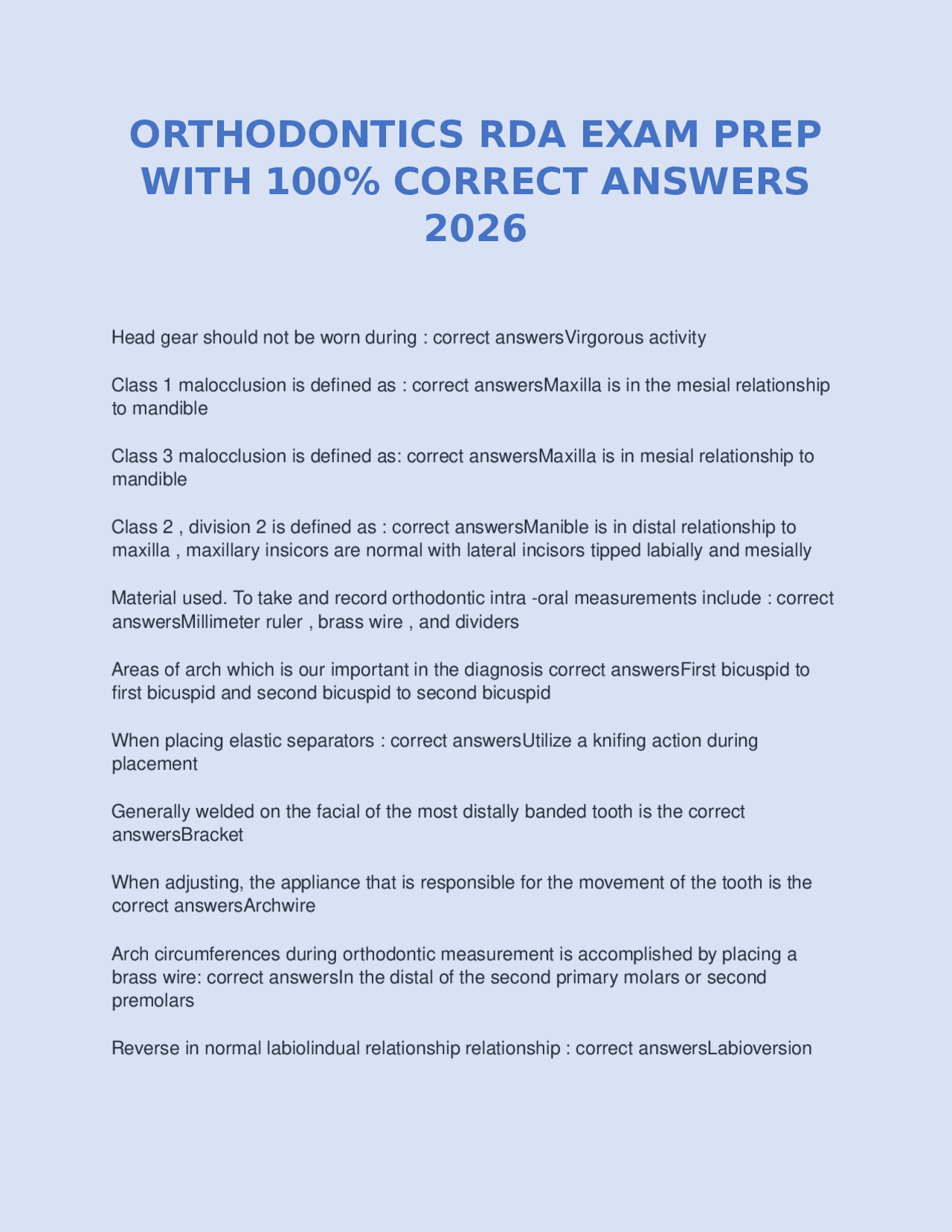 ORTHODONTICS RDA EXAM PREP WITH 100% CORRECT ANSWERS 2026 | Exams ...