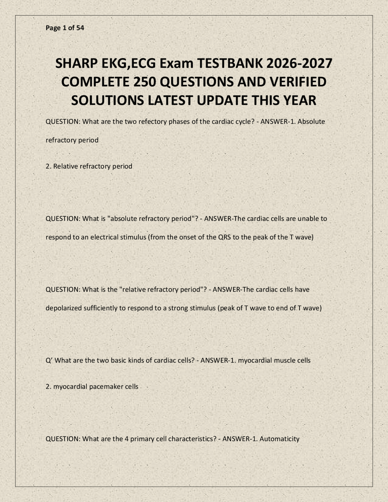 SHARP EKG/ECG Exam Testbank 2026-2027 – Complete 250 Questions and ...